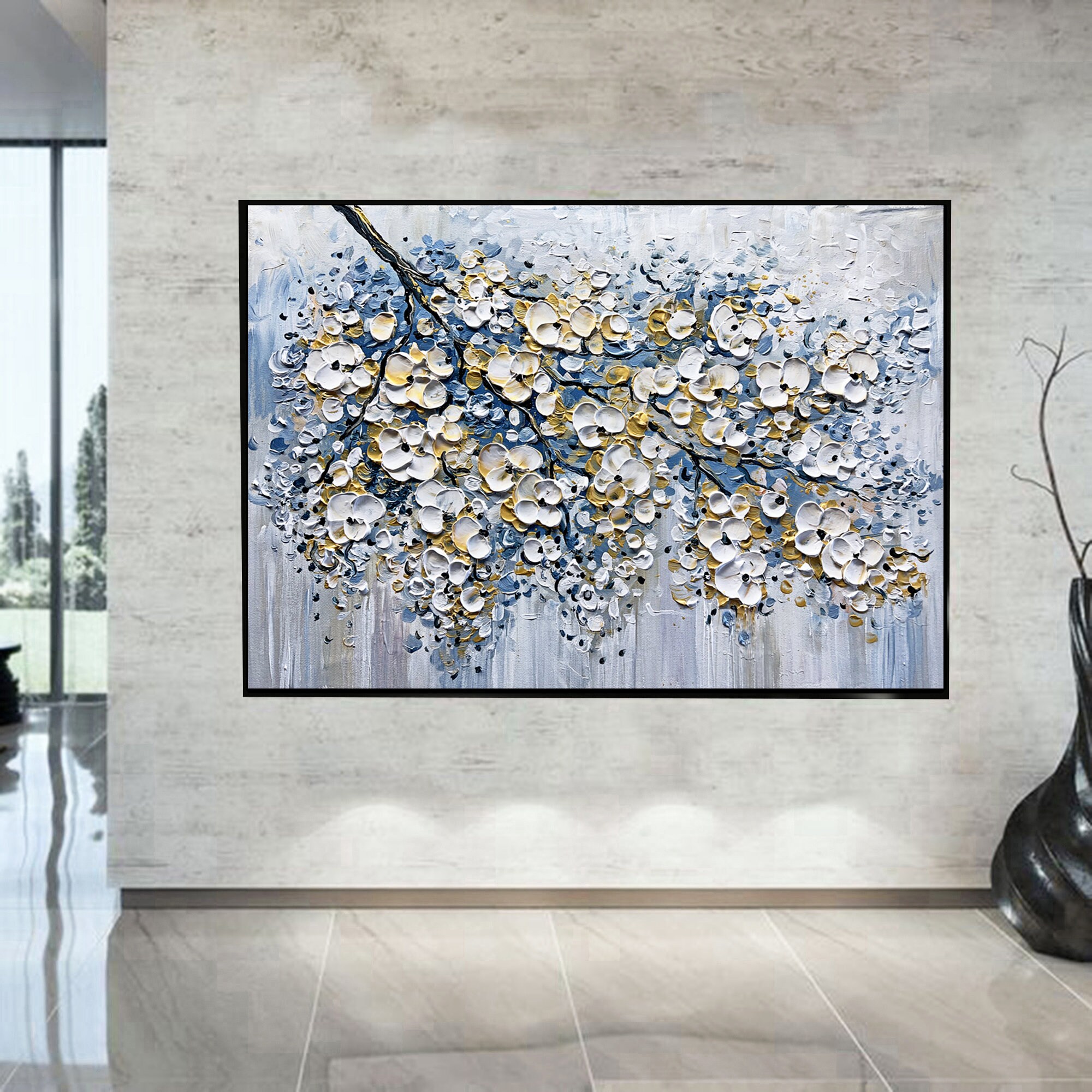3D Abstract White Cherry Blossom Tree Acrylic Painting Textured Gold ...