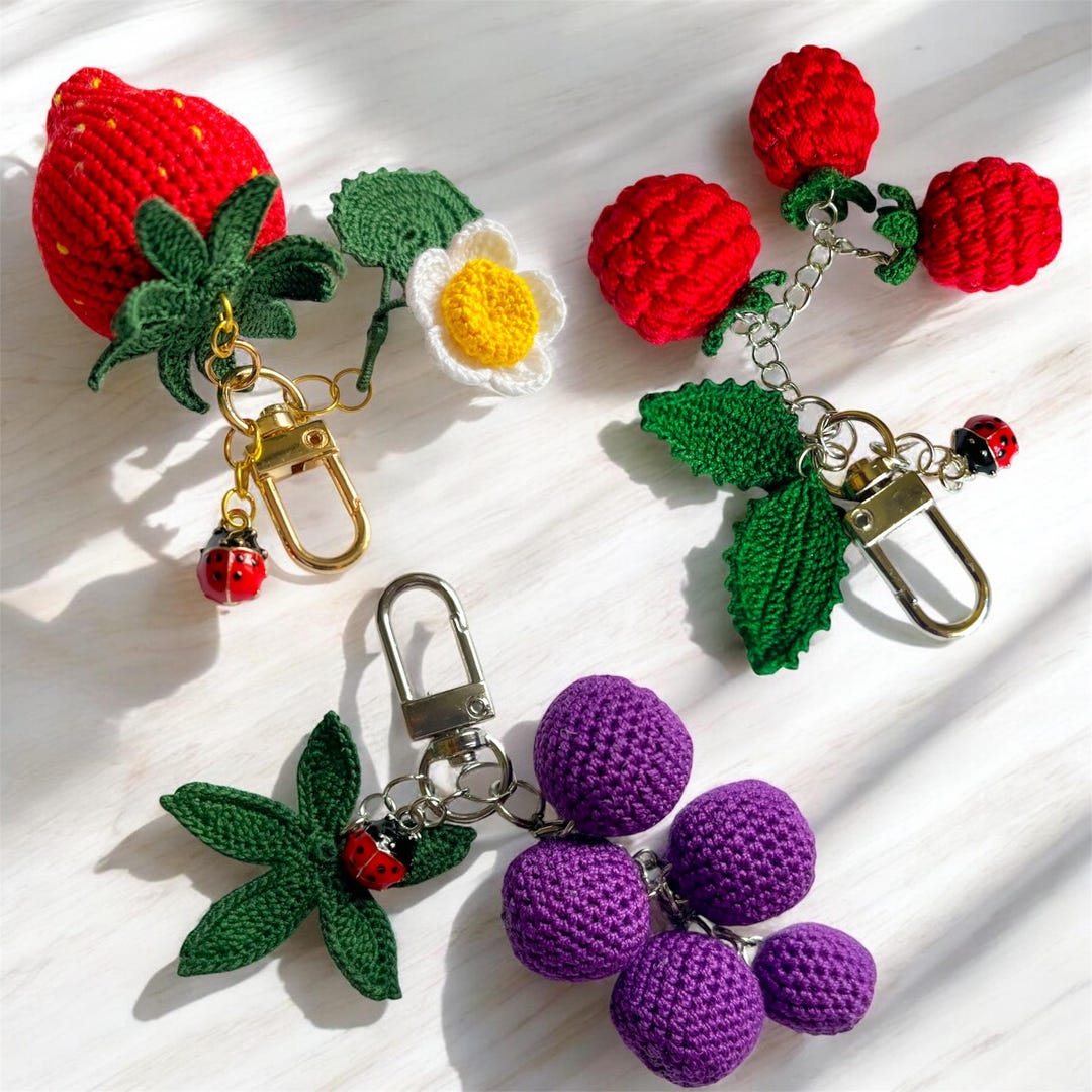 Crochet Fruit Keychain With Ladybug Charm,bag Charm,crochet Raspberry ...