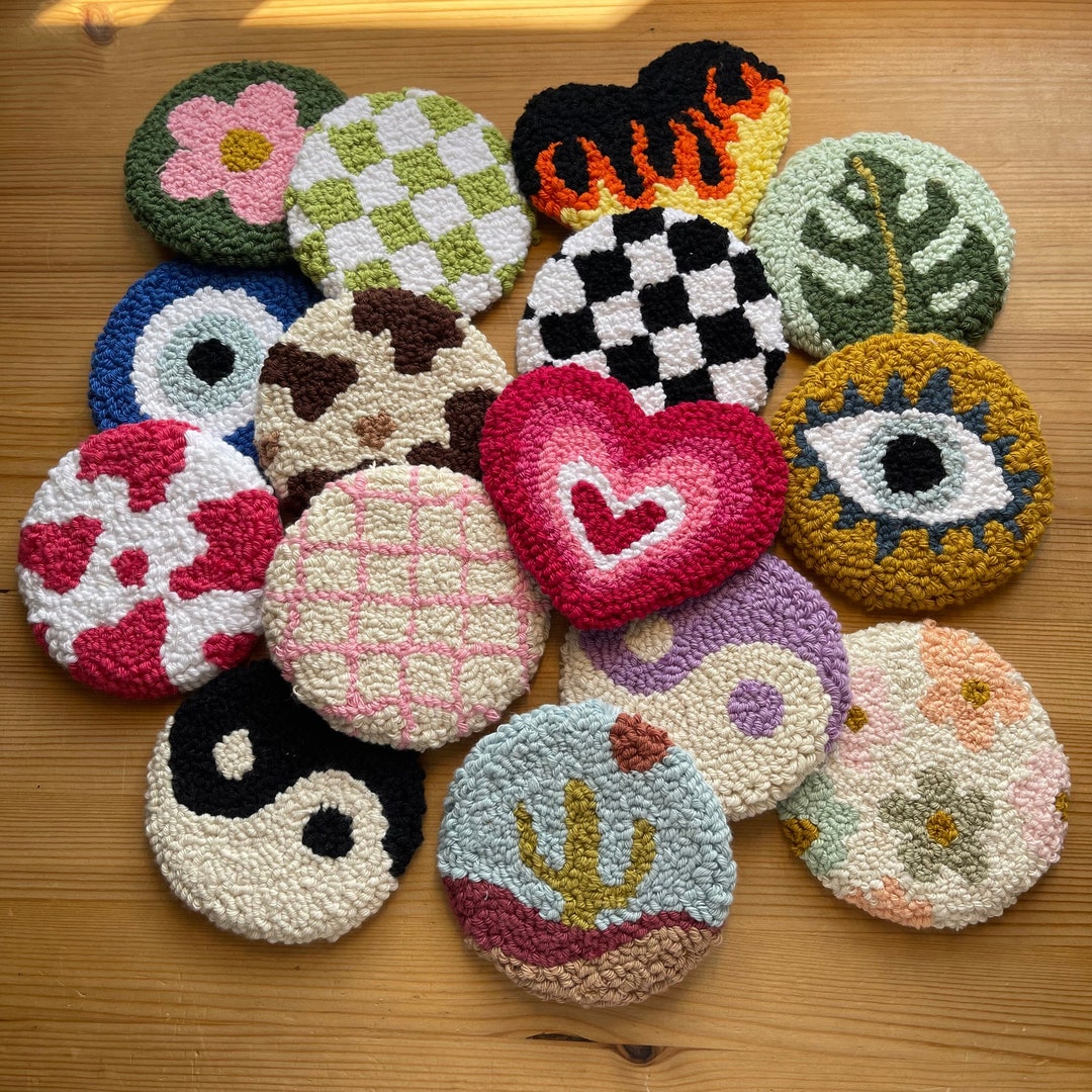 Punch Needle Mug Rugs - Handmade Tufted Funky Coaster Check Heart Peace ...