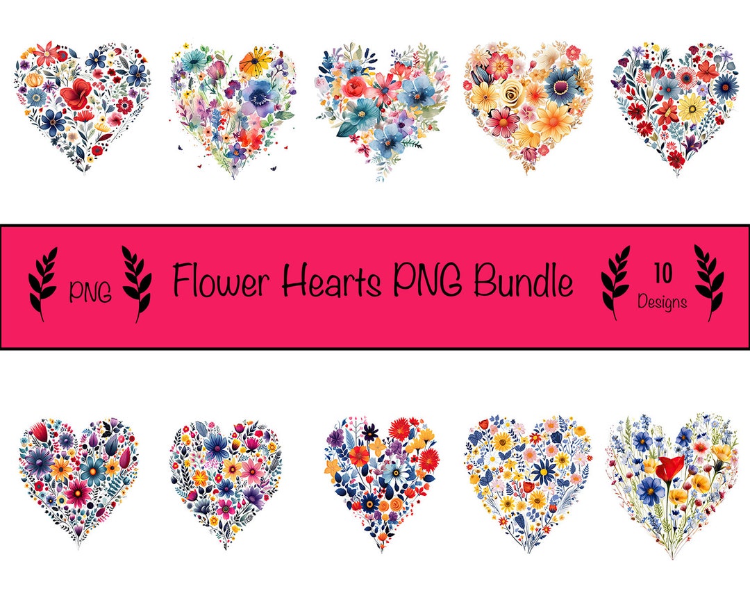 Flower Hearts Bundle PNG, Clipart Watercolour Flowers, Floral Heart ...