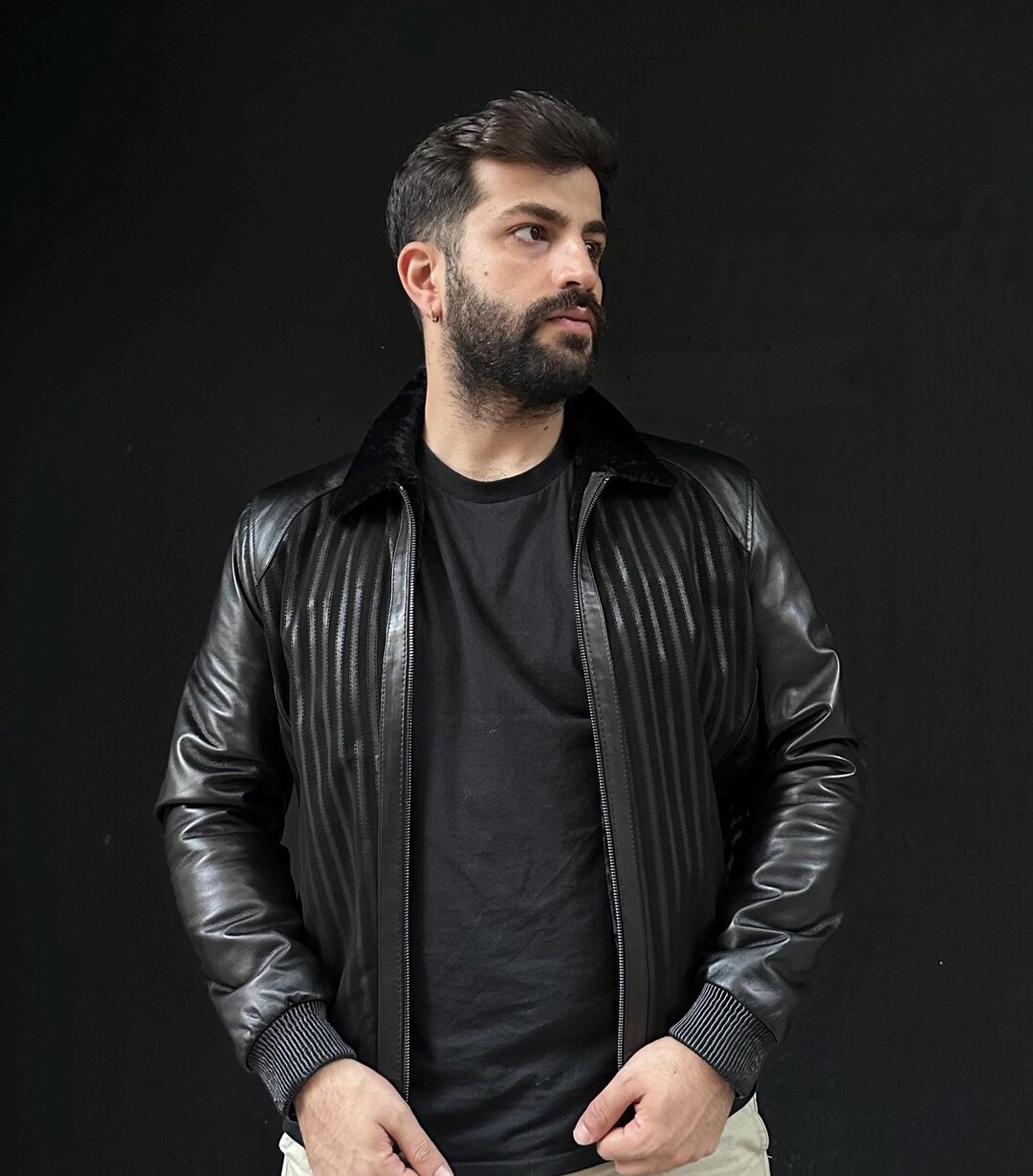 Men's Sheepskin Jacket - Stripe Patterned Lamb Leather Jacket - Lamb ...