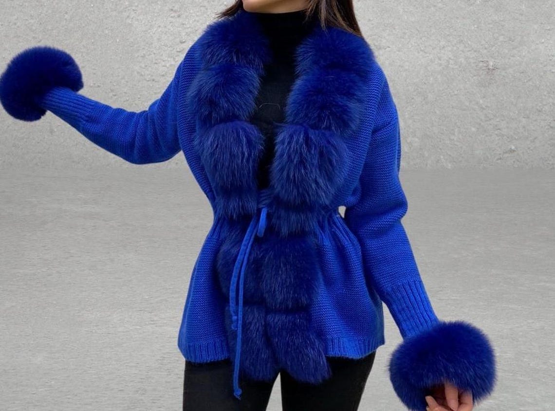 Women Fur Jacket - Real Fox Fur - Navy Blue Color Coat - Women Fur ...