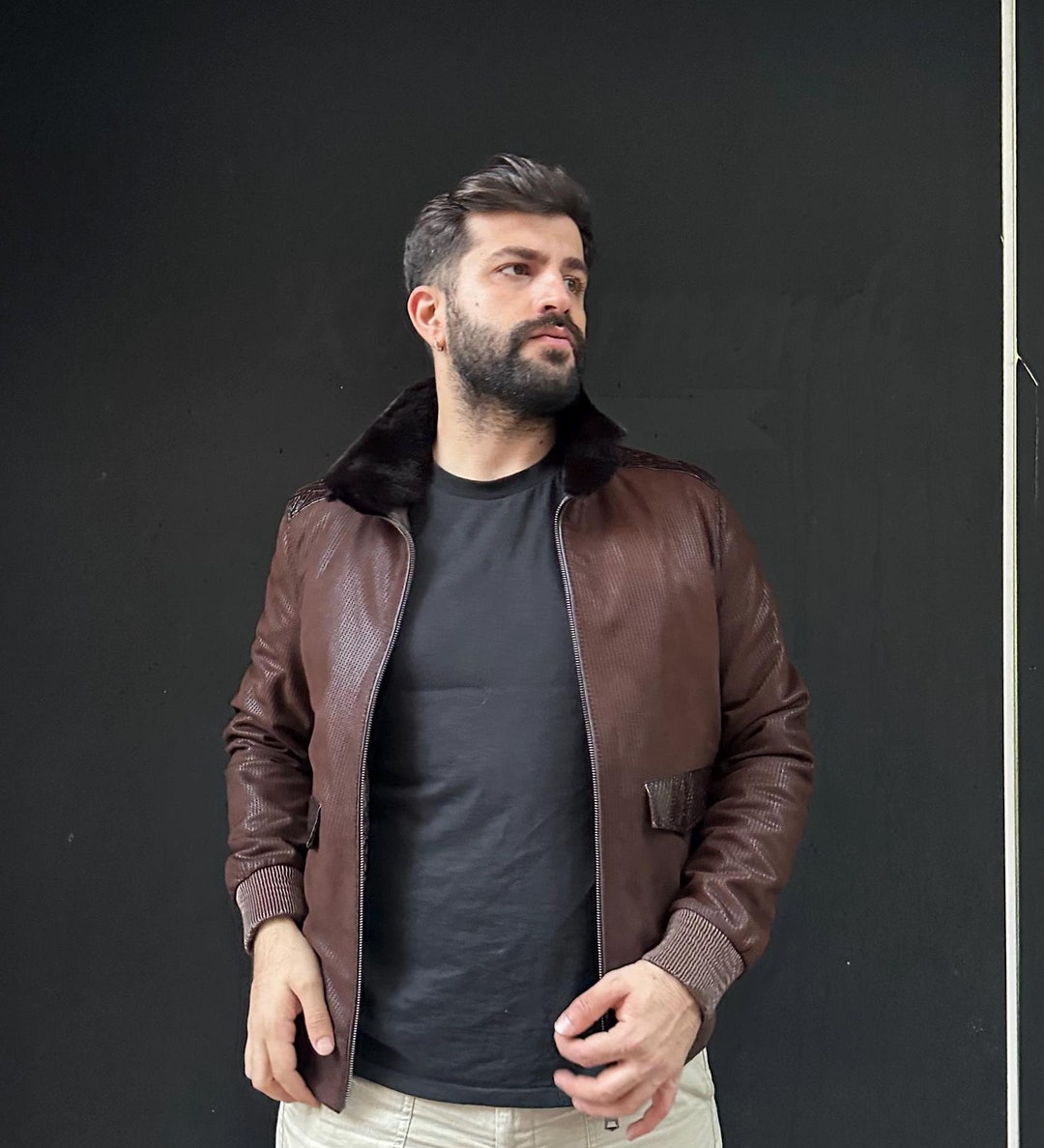 Men’s Lambskin Aviator Jacket - Brown Leather Jacket- Lamb Fur Collar ...