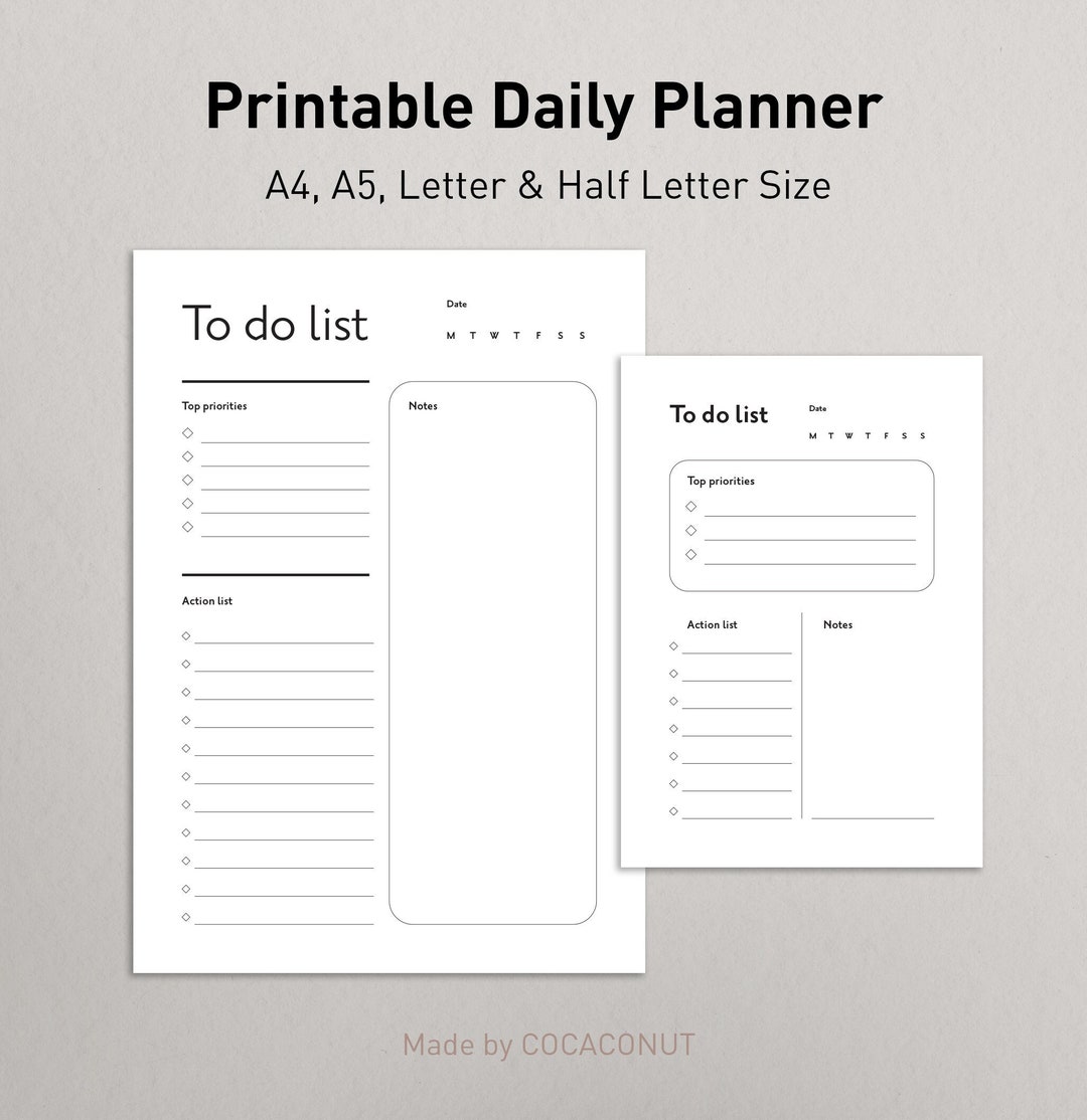 Daily Planner Printable Template, to Do List, Task List, Action List ...