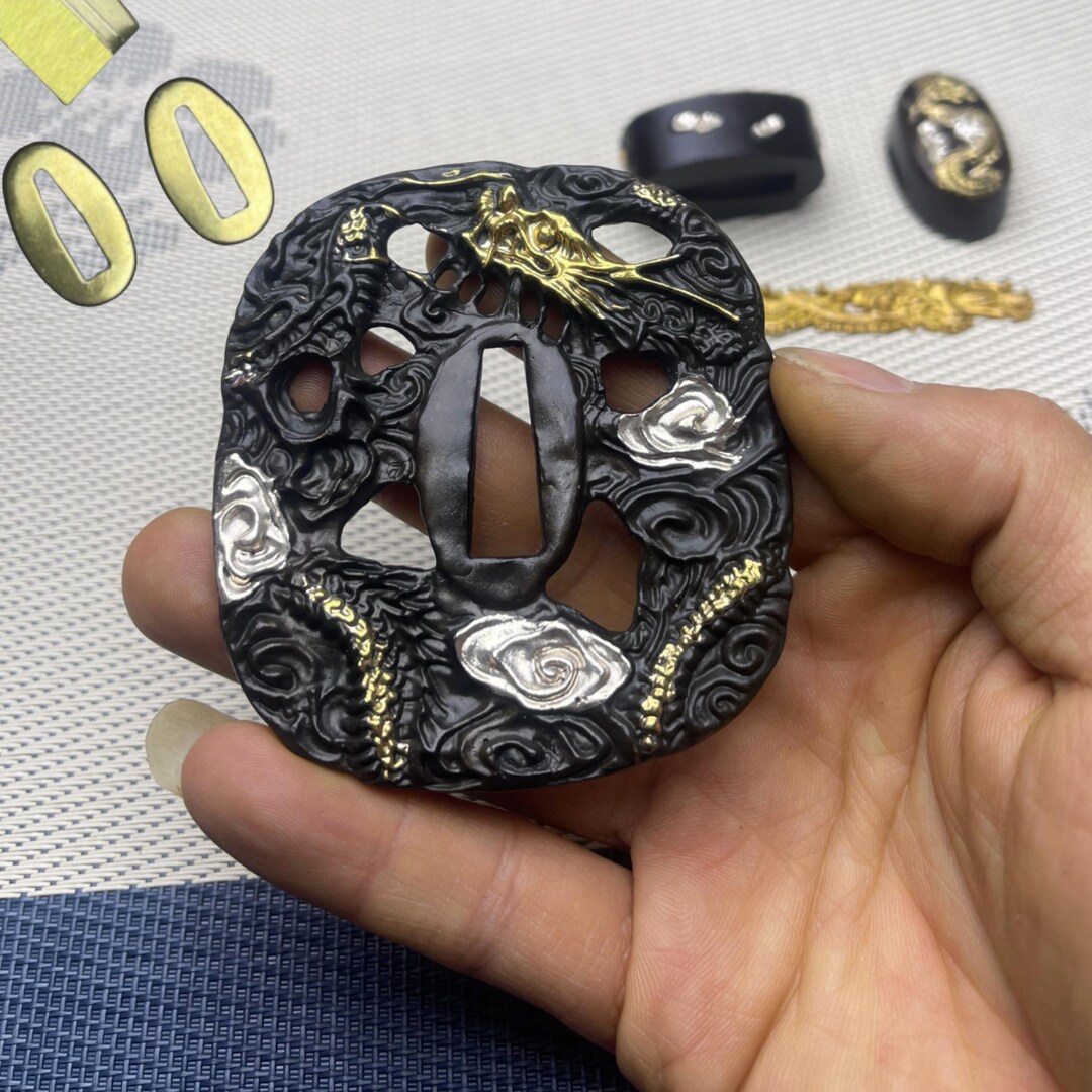 DIY Katana Tsuba Dragon Theme Tsuba Guard Include Habaki Seppa Fuchi ...