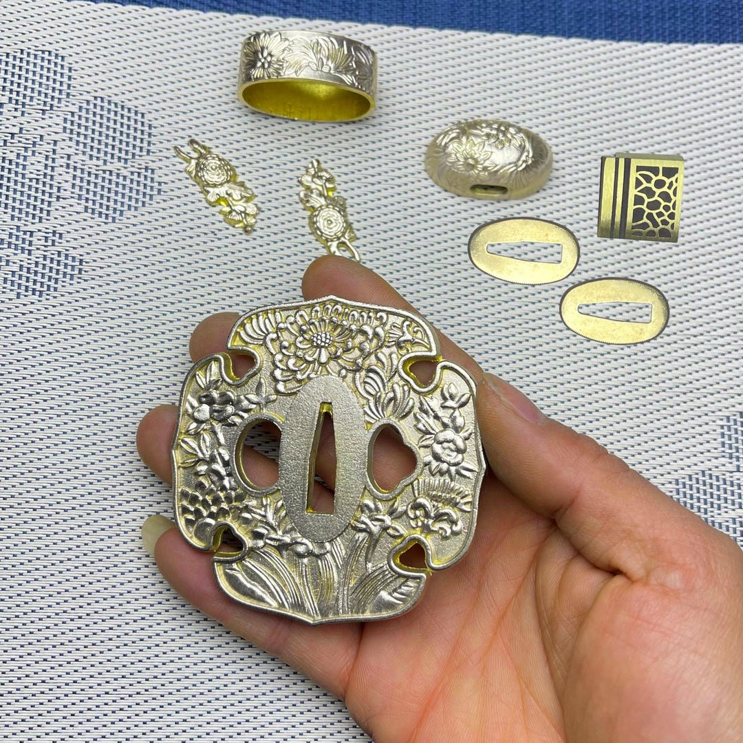 DIY Katana Tsuba Chrysanthemum Theme Copper Tsuba Include Habaki Seppa ...