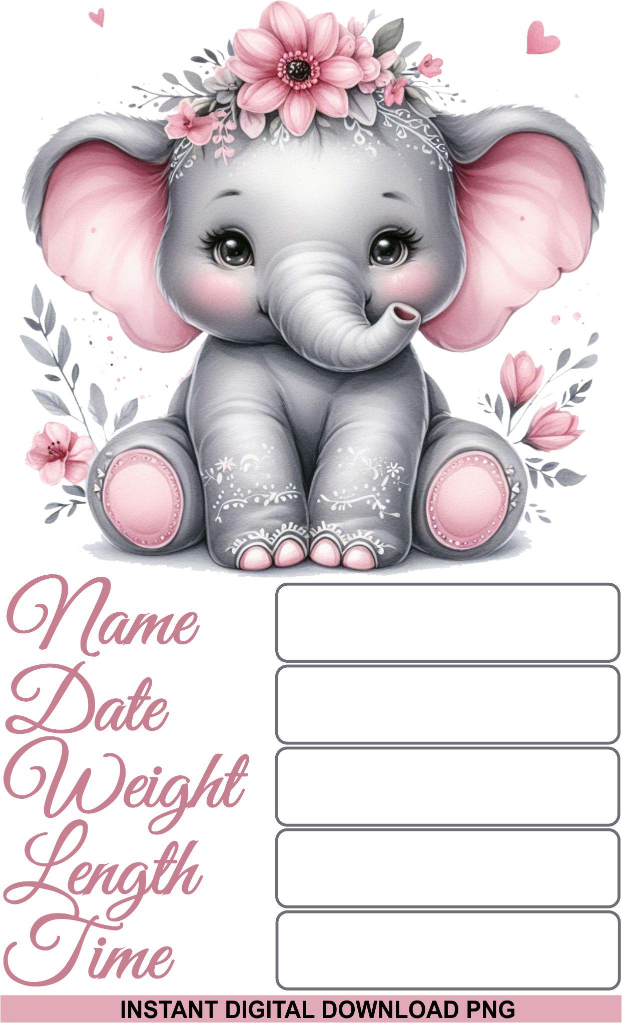 Cute Baby Elephant Birth Announcement for Sublimation, Girl Birth ...