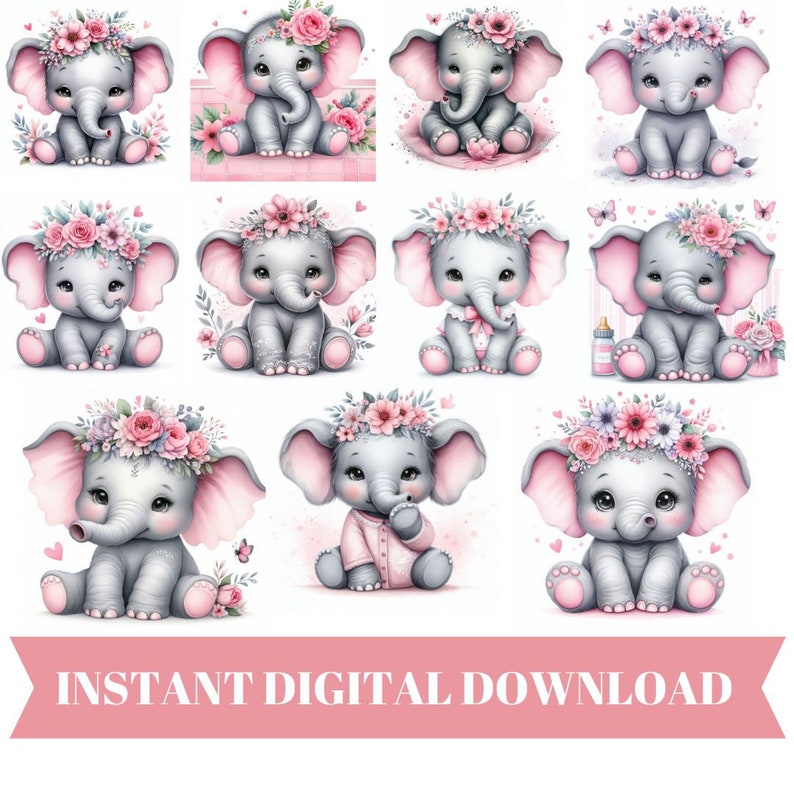 Cute Baby Elephant Girl Bundle PNG, 23 Pink and Grey Baby Elephant ...