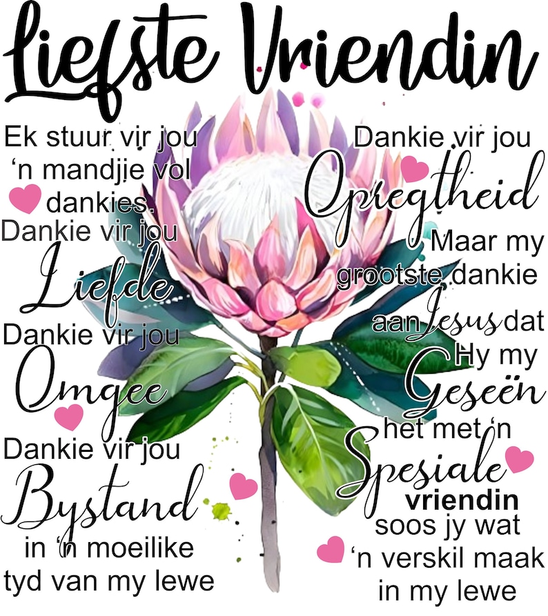 Liefste Vriendin, Dankie Vriendin Protea Sublimation Design, Afrikaans ...