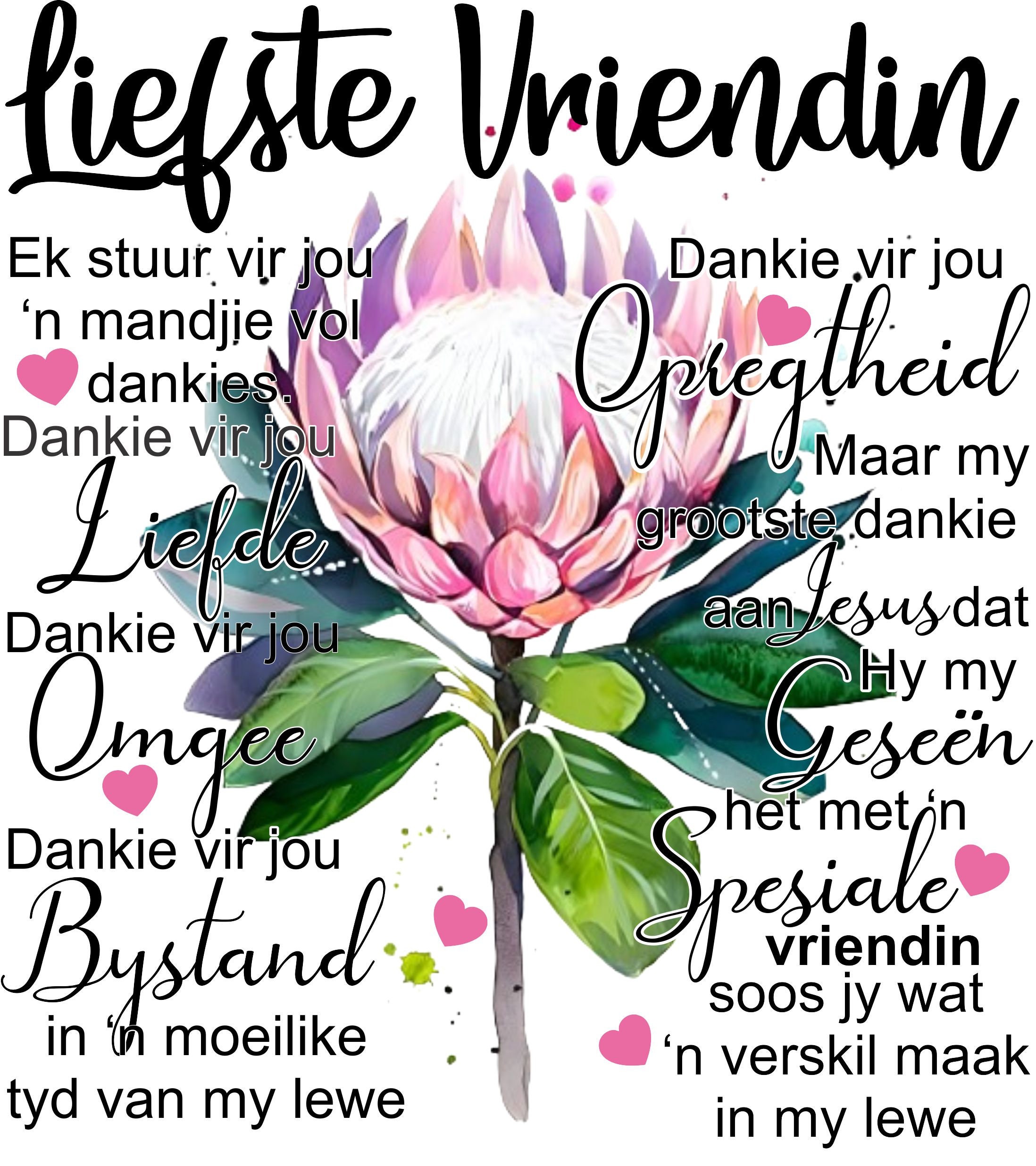 Liefste Vriendin, Dankie Vriendin Protea Sublimation Design, Afrikaans ...
