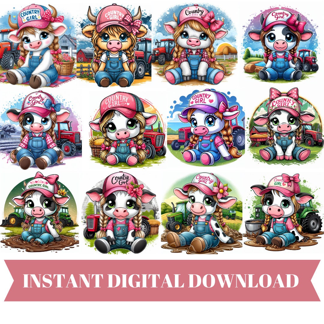 Cute Cartoon Highland Girl Cows PNG, 14 Country Girl PNG, Farm Life for ...