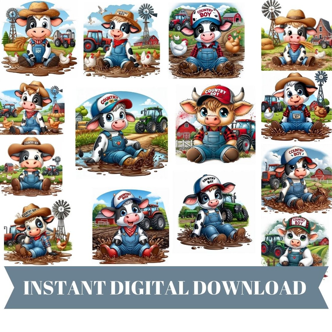 Cartoon Country Boy Cow PNG Clipart: Farm Life Designs (digital Design ...