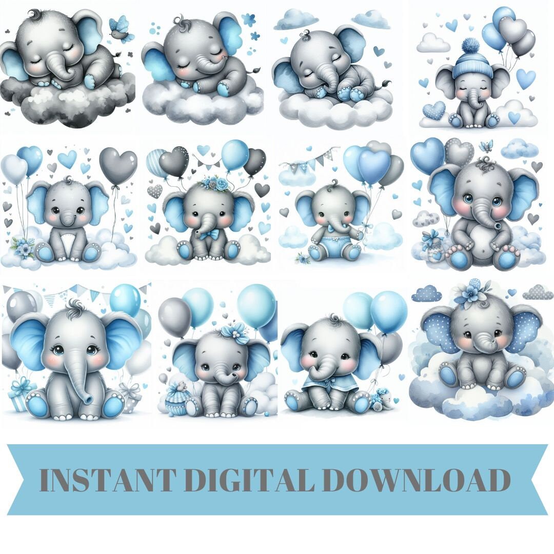 Cute Baby Elephant Boy Bundle PNG, 33 Blue and Grey Baby Elephant ...