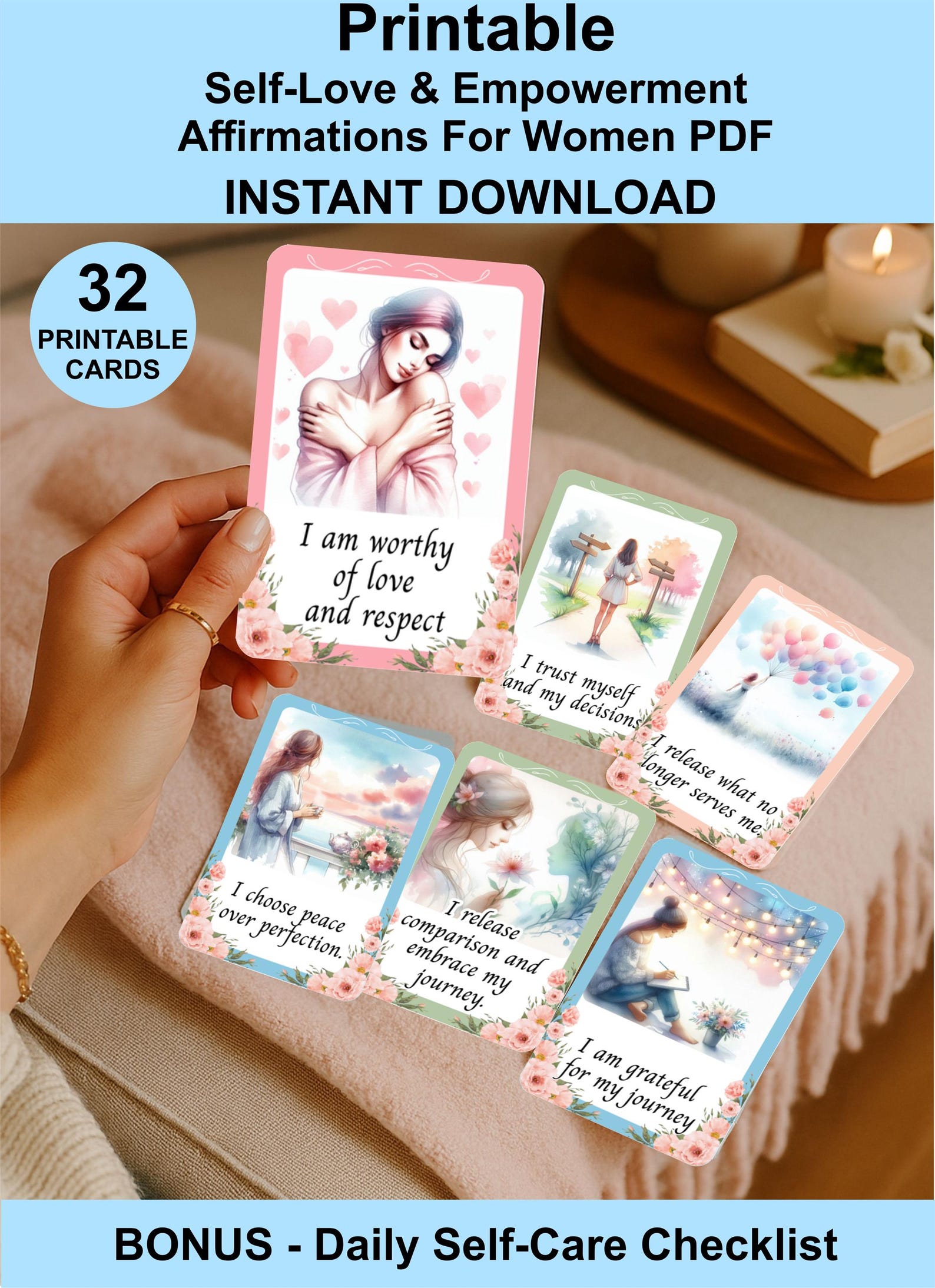Affirmation Cards for Women + Bonus Self-care Checklist | Self-love ...