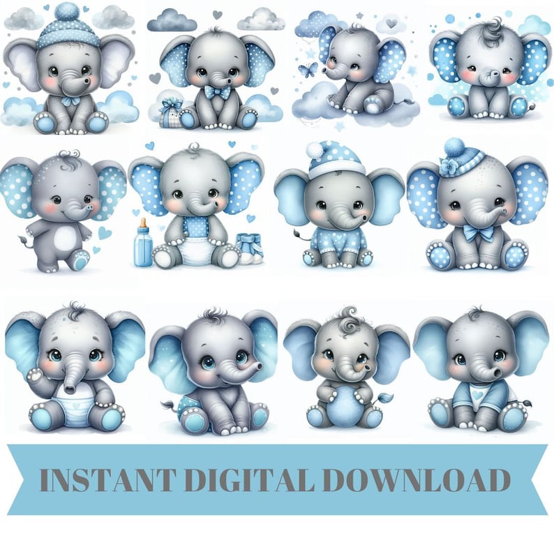 Cute Baby Elephant Boy Bundle PNG, 33 Blue and Grey Baby Elephant ...