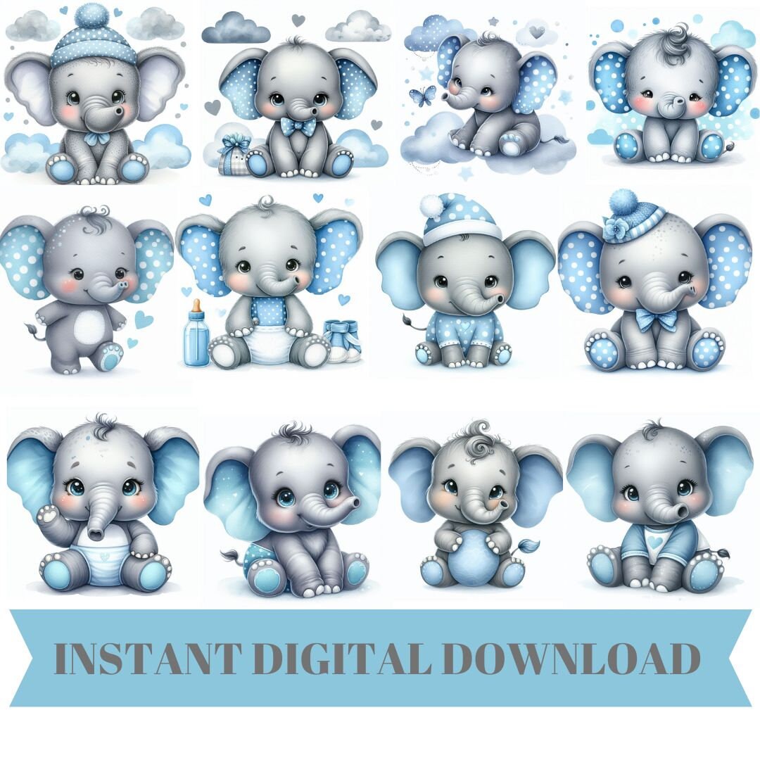 Cute Baby Elephant Boy Bundle PNG, 33 Blue and Grey Baby Elephant ...