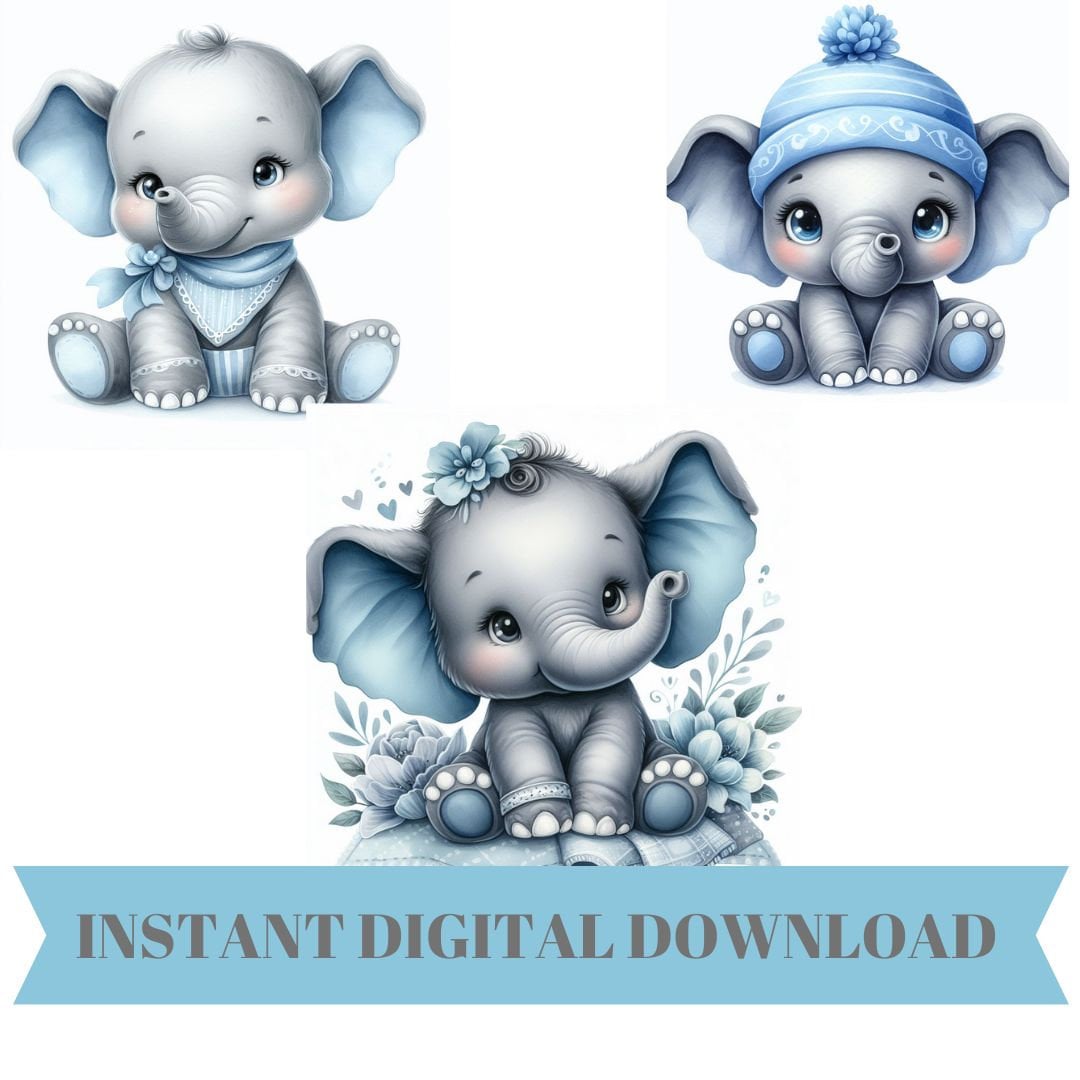 Cute Baby Elephant Boy Bundle PNG, 33 Blue and Grey Baby Elephant ...