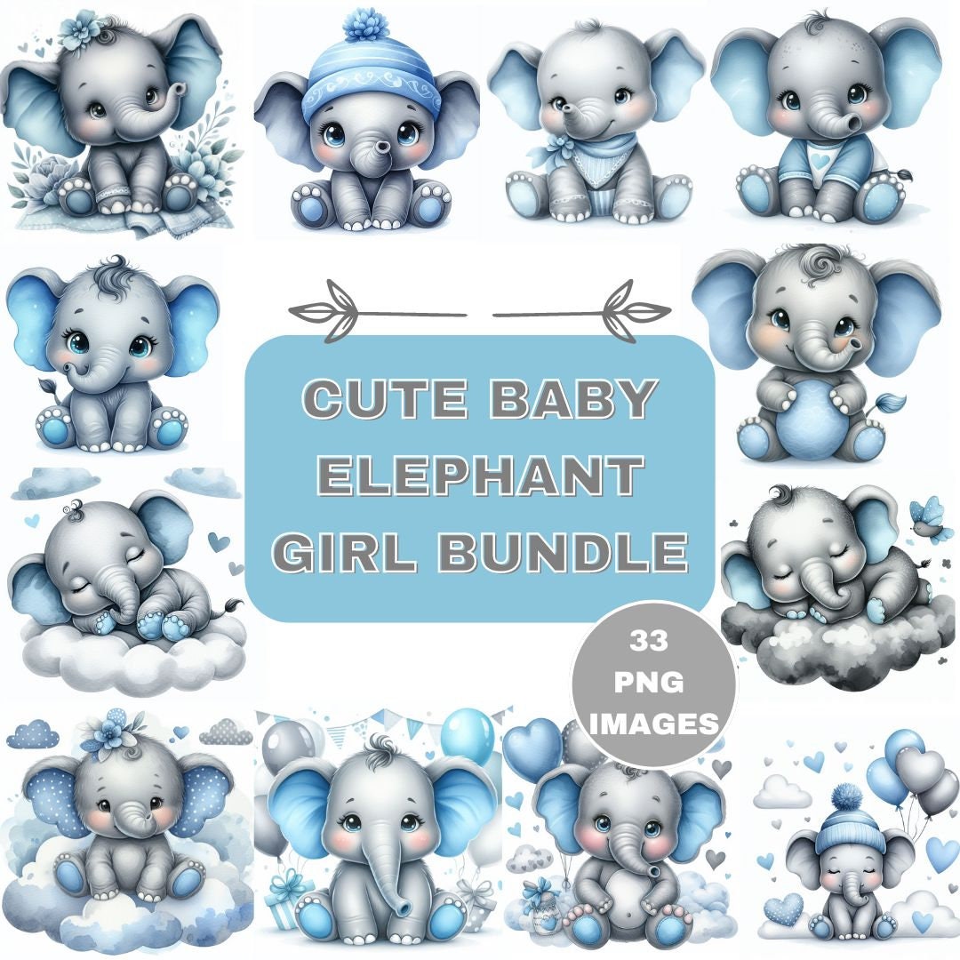 Cute Baby Elephant Boy Bundle PNG, 33 Blue and Grey Baby Elephant ...