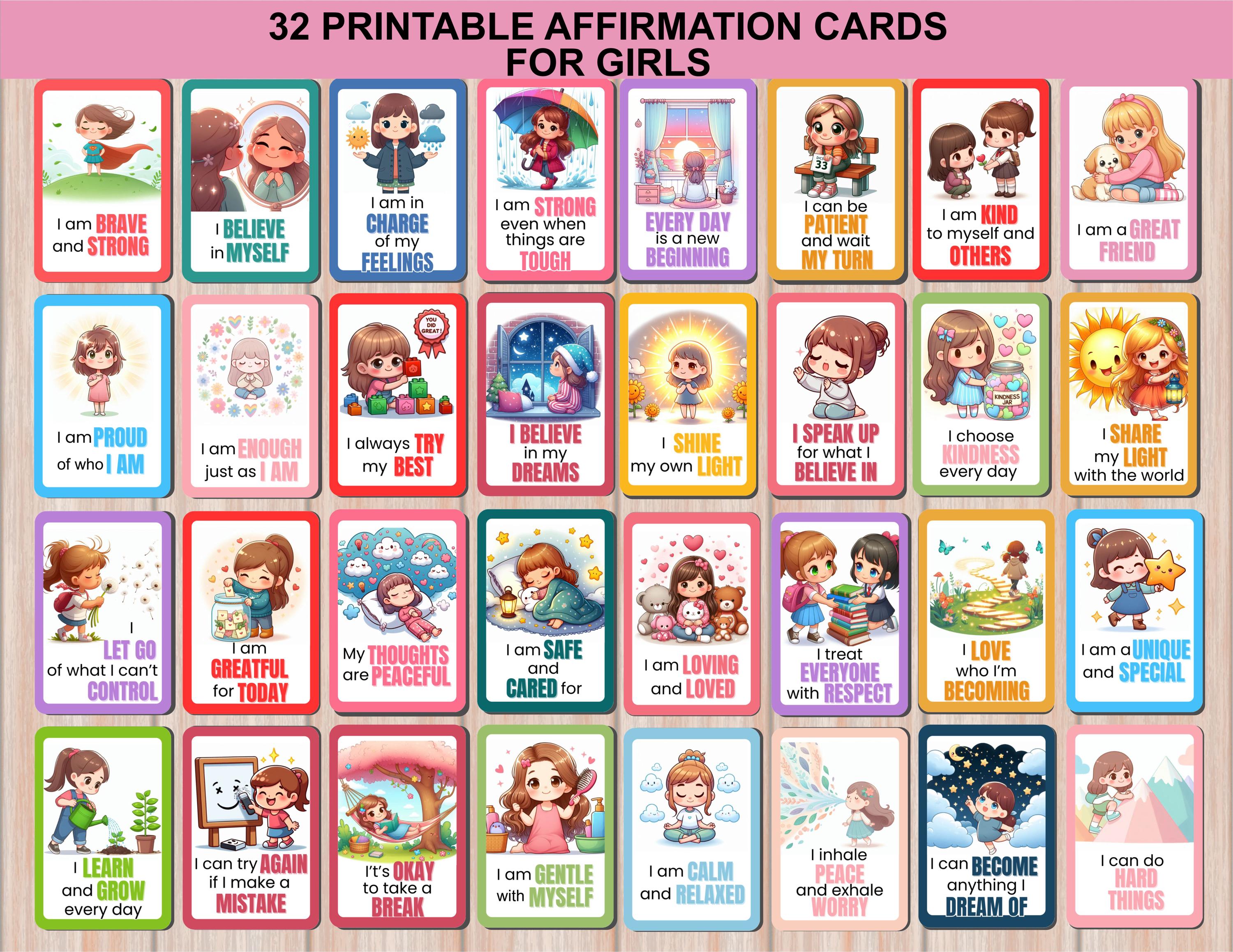 32 Printable Positive Affirmation Cards for Girls | 32 Positive Mindset ...