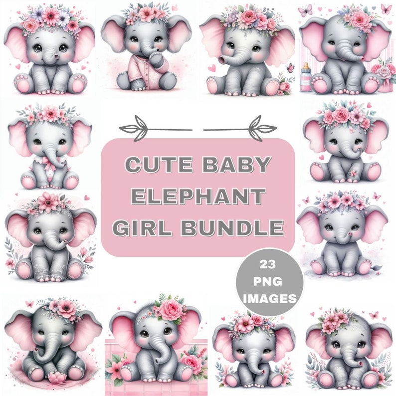 Cute Baby Elephant Girl Bundle PNG, 23 Pink and Grey Baby Elephant ...