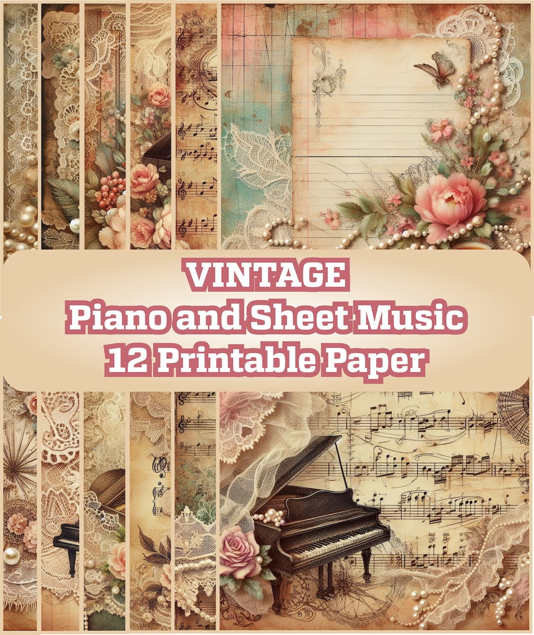 12 Printable Vintage Journal Pages, Piano Sheet Music Journal Pages ...