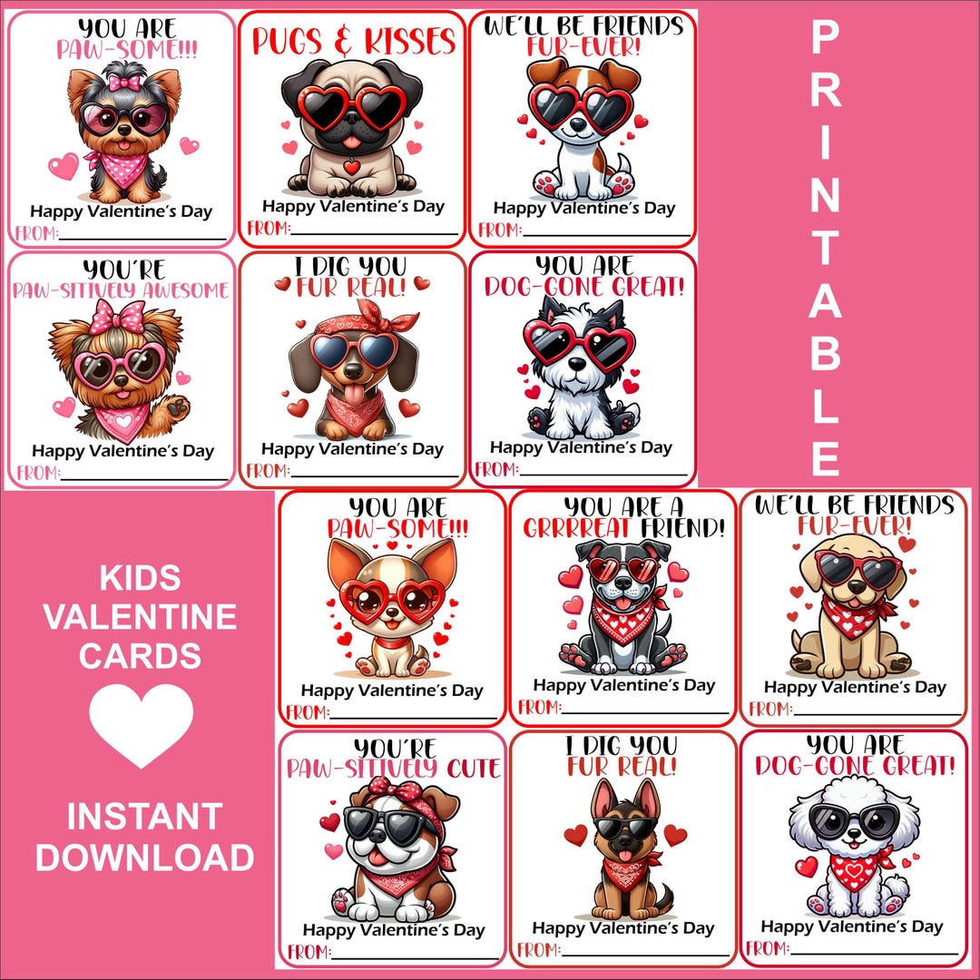 Printable Dog Valentine's Day Cards, Classroom Valentine's Day Cards ...