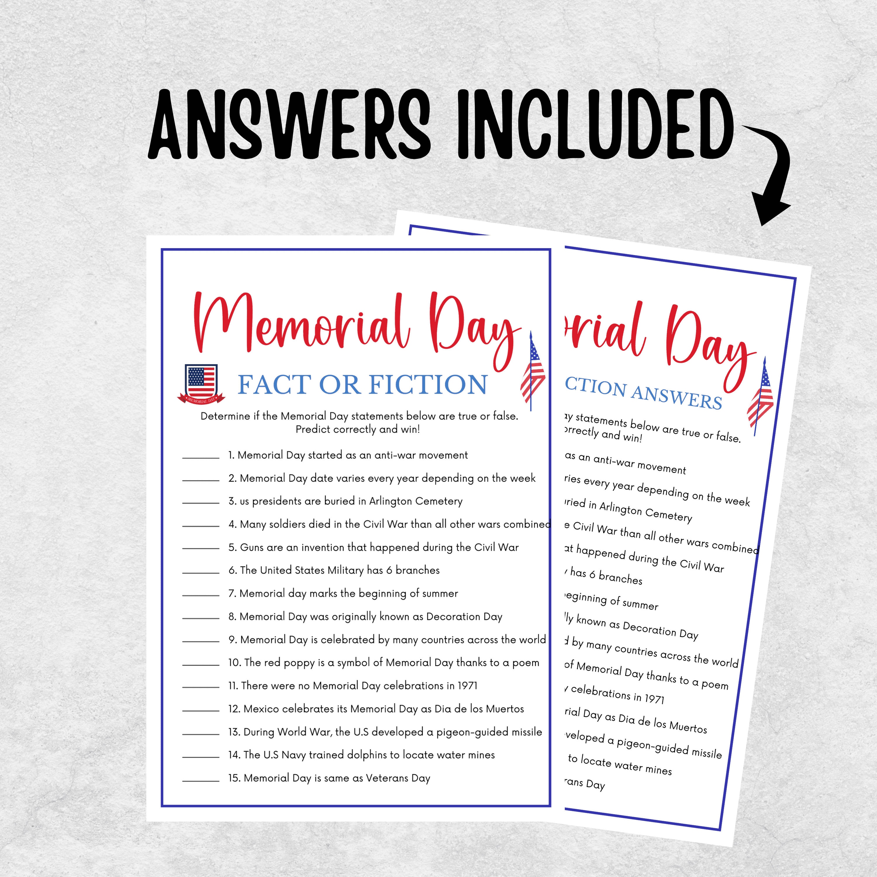 Memorial Day Games, Fact or Fiction Trivia, Memorial Day Party Game for ...