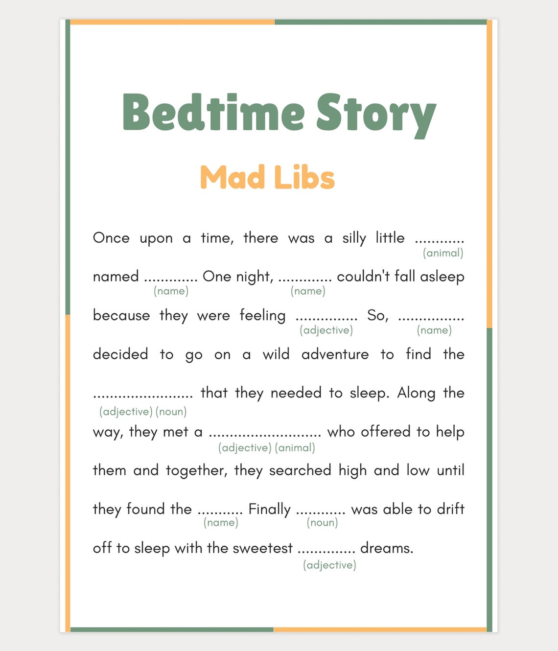 Madlibs, Madlibs for Kids, Games for Kids, Bedtime Story, Bedtime Story ...