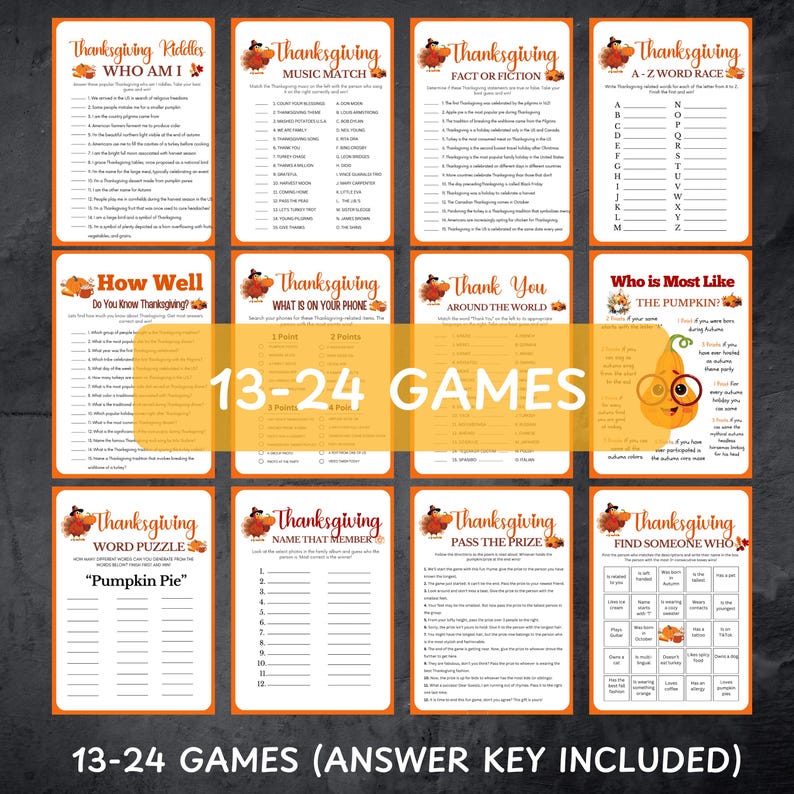 Thanksgiving Games, 50 Game SUPER Bundle, Thanksgiving Party Games ...