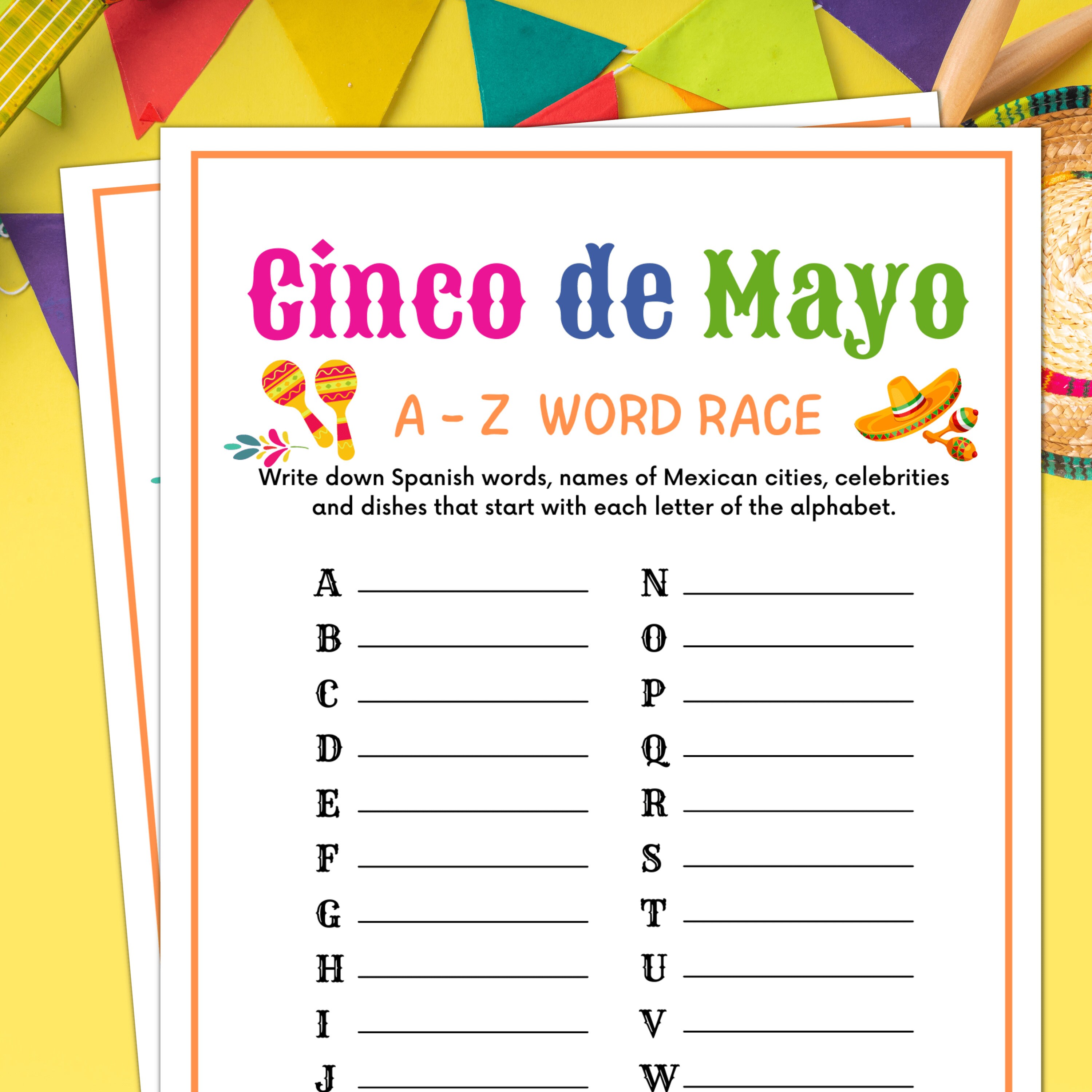 Cinco De Mayo Games, A - Z Word Race, Cinco De Mayo Party Games, Fiesta ...