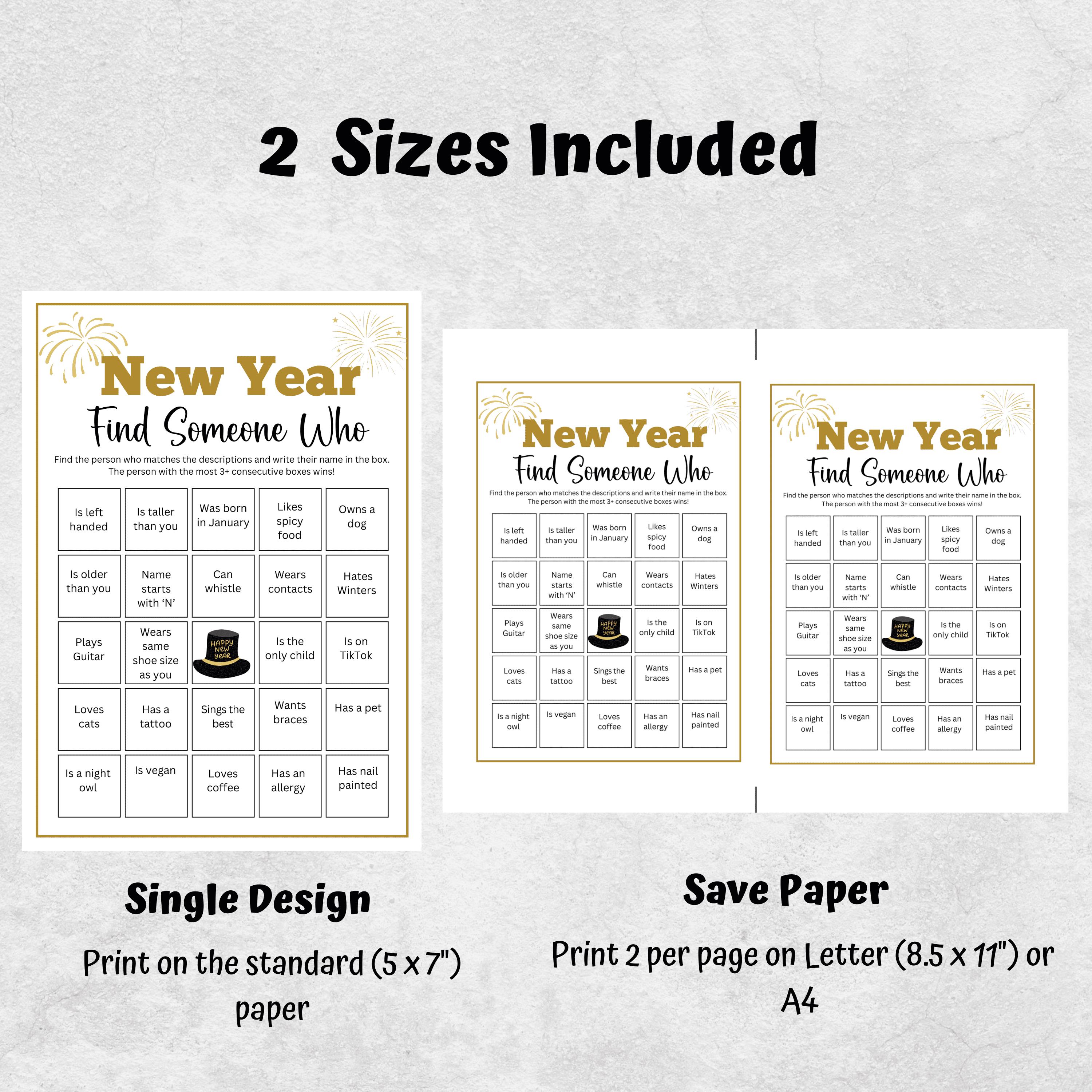 New Year Games, Find Someone Who BINGO, New Year Party Game, New Year's ...