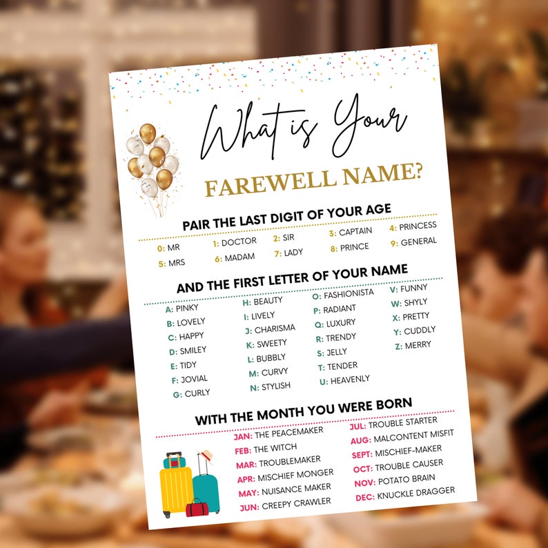 Farewell Party Games, What is Your Farewell Party Name?, Farewell ...