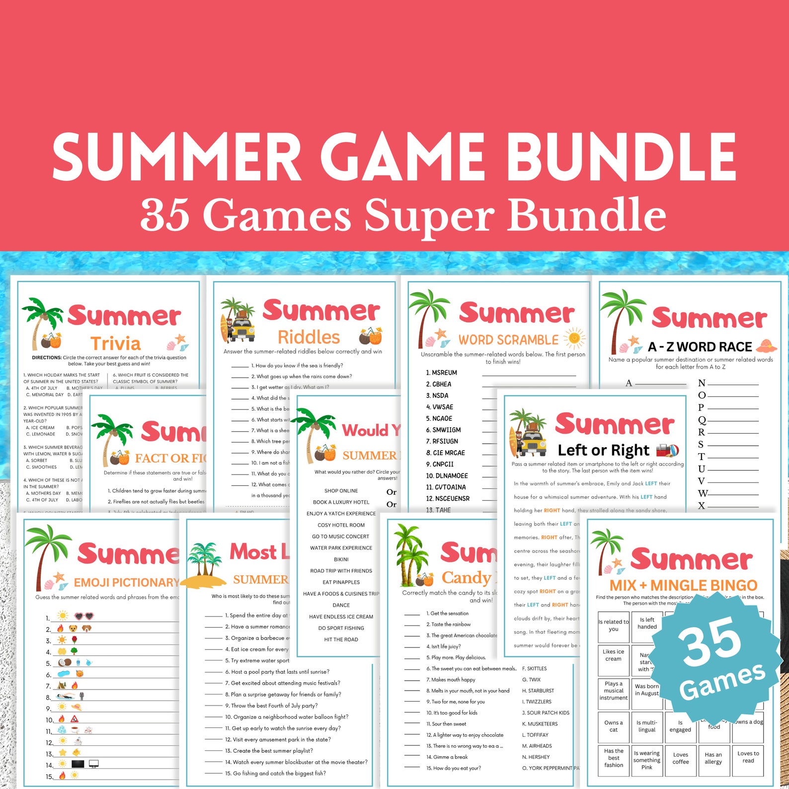 Summer Games Bundle, 35 Game MEGA Bundle, Sumer Party Games for Kids ...