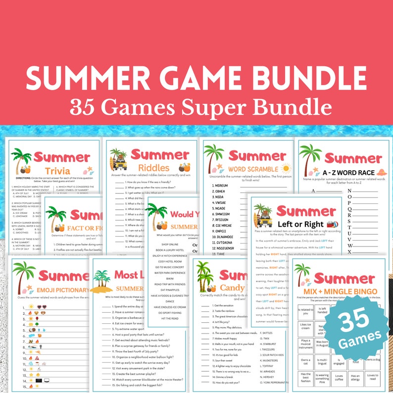 Summer Games Bundle, 35 Game MEGA Bundle, Sumer Party Games for Kids ...