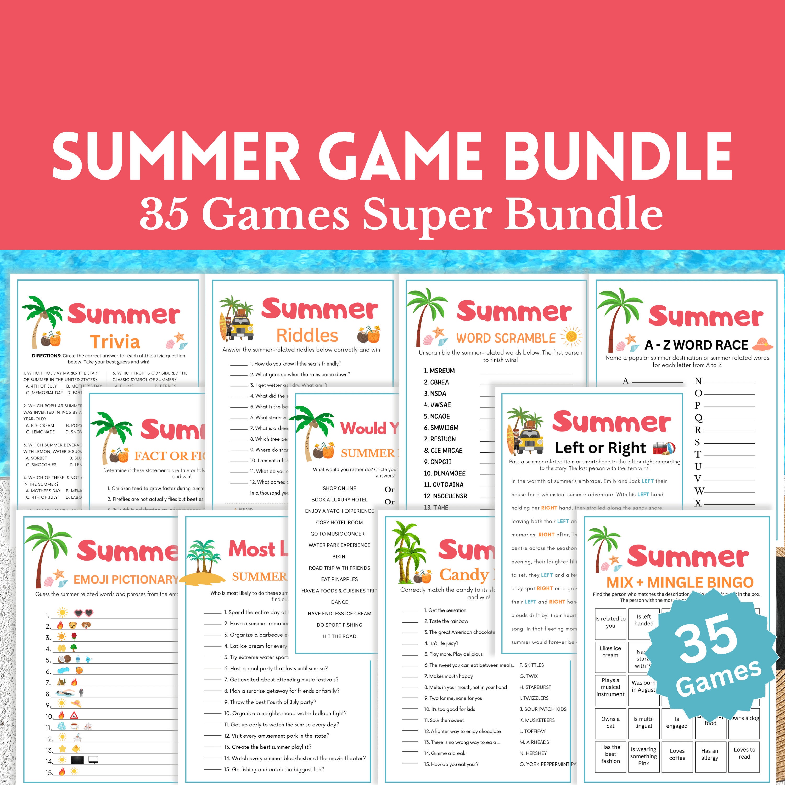Summer Games Bundle, 35 Game MEGA Bundle, Sumer Party Games for Kids ...