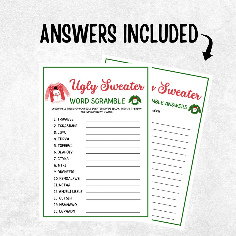 Ugly Sweater Games, Word Scramble, Ugly Sweater Party Game, Christmas ...