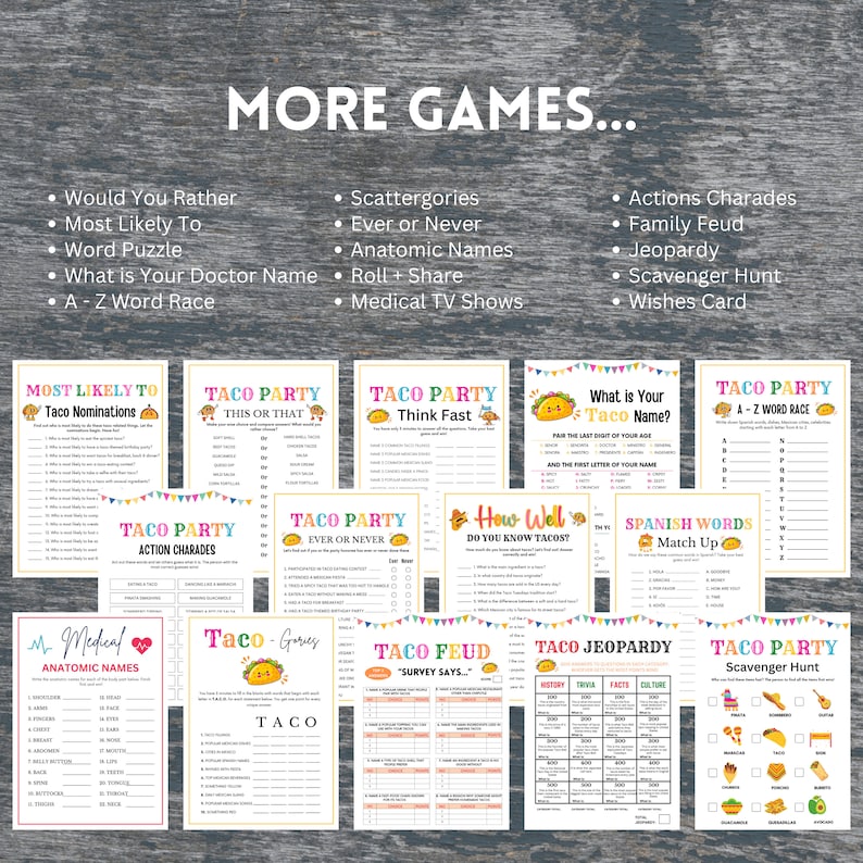 Taco Party Games, 35 Game SUPER Bundle, Taco Tuesday Games, Taco Party ...