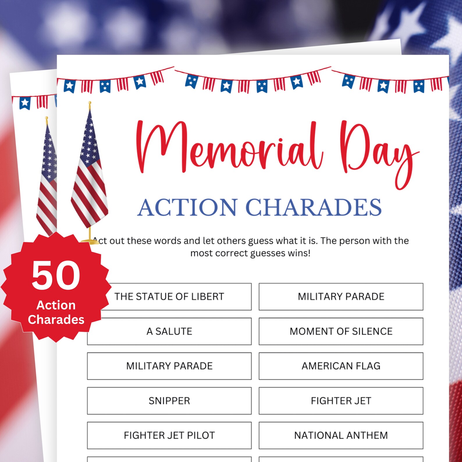 Memorial Day Games, Charades, Patriotic Games, Memorial Day Game for ...