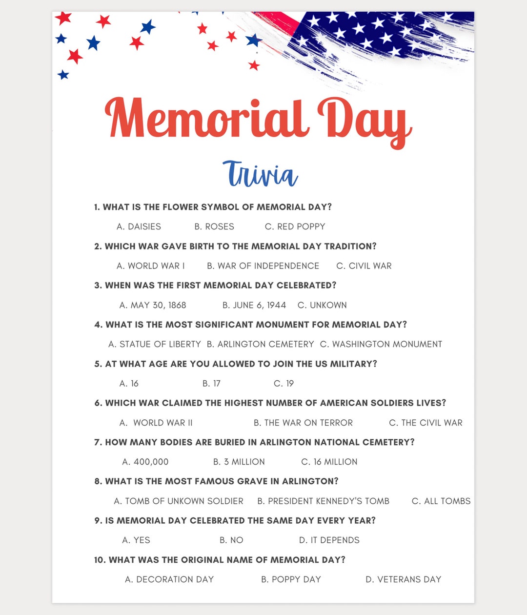 Memorial Day Trivia Memorial Day Games Memorial Day Party - Etsy