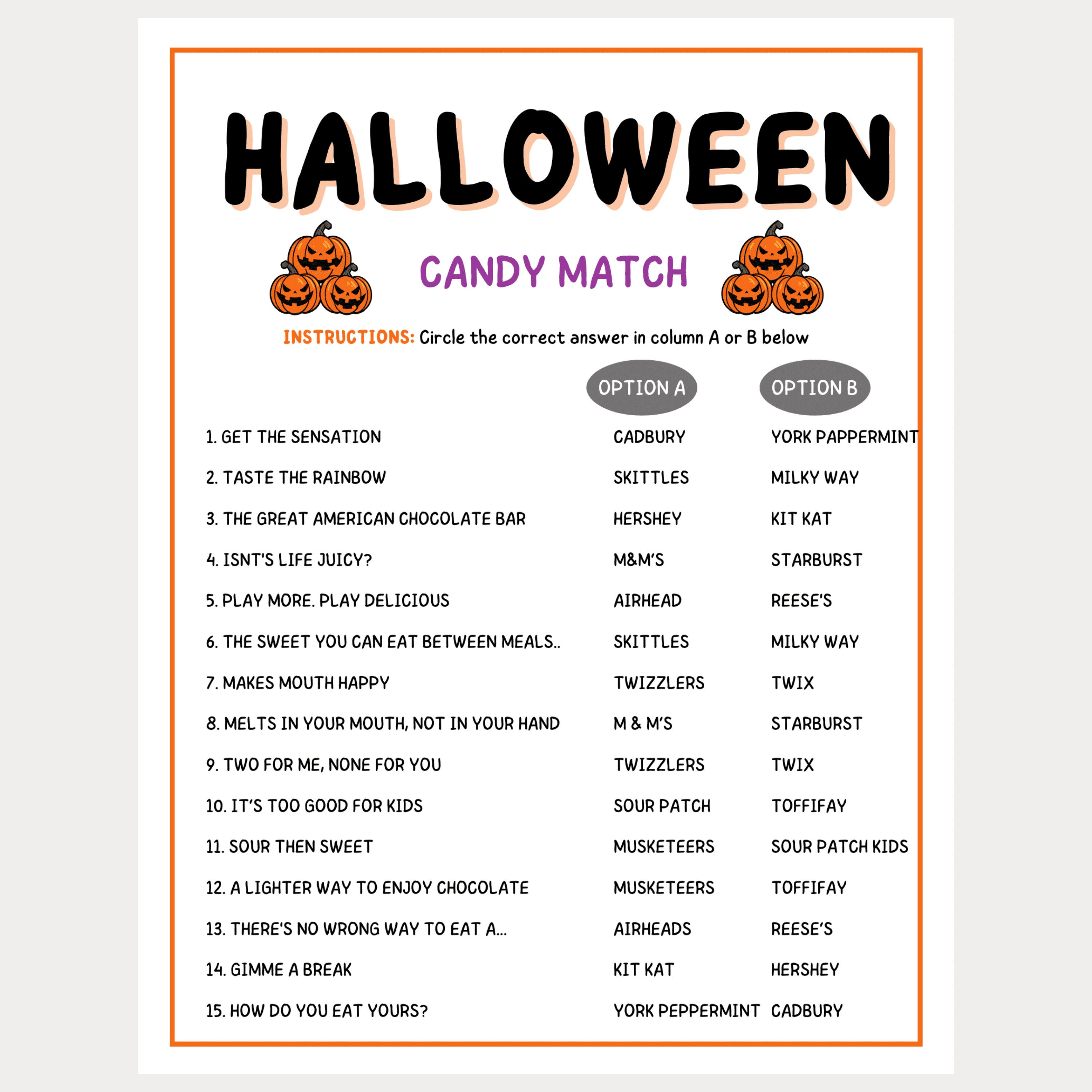 Halloween Candy Match Halloween Games for Kids and Adults Printable ...