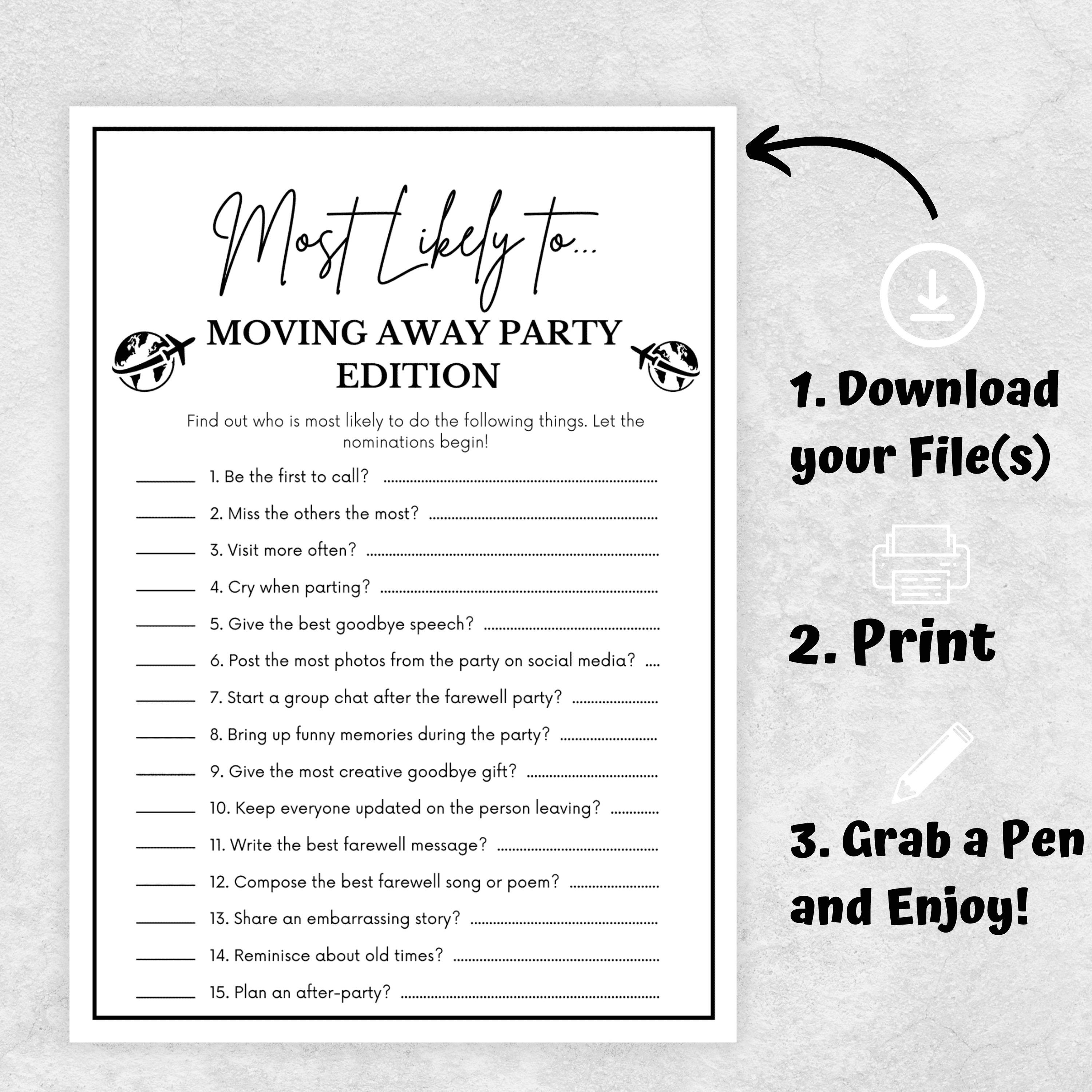 Going Away Party Games, Most Likely To, Going Away Games, Farewell ...