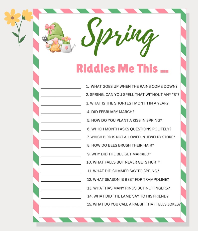 Spring Riddles Printable Spring Riddles Riddle Me This Game - Etsy