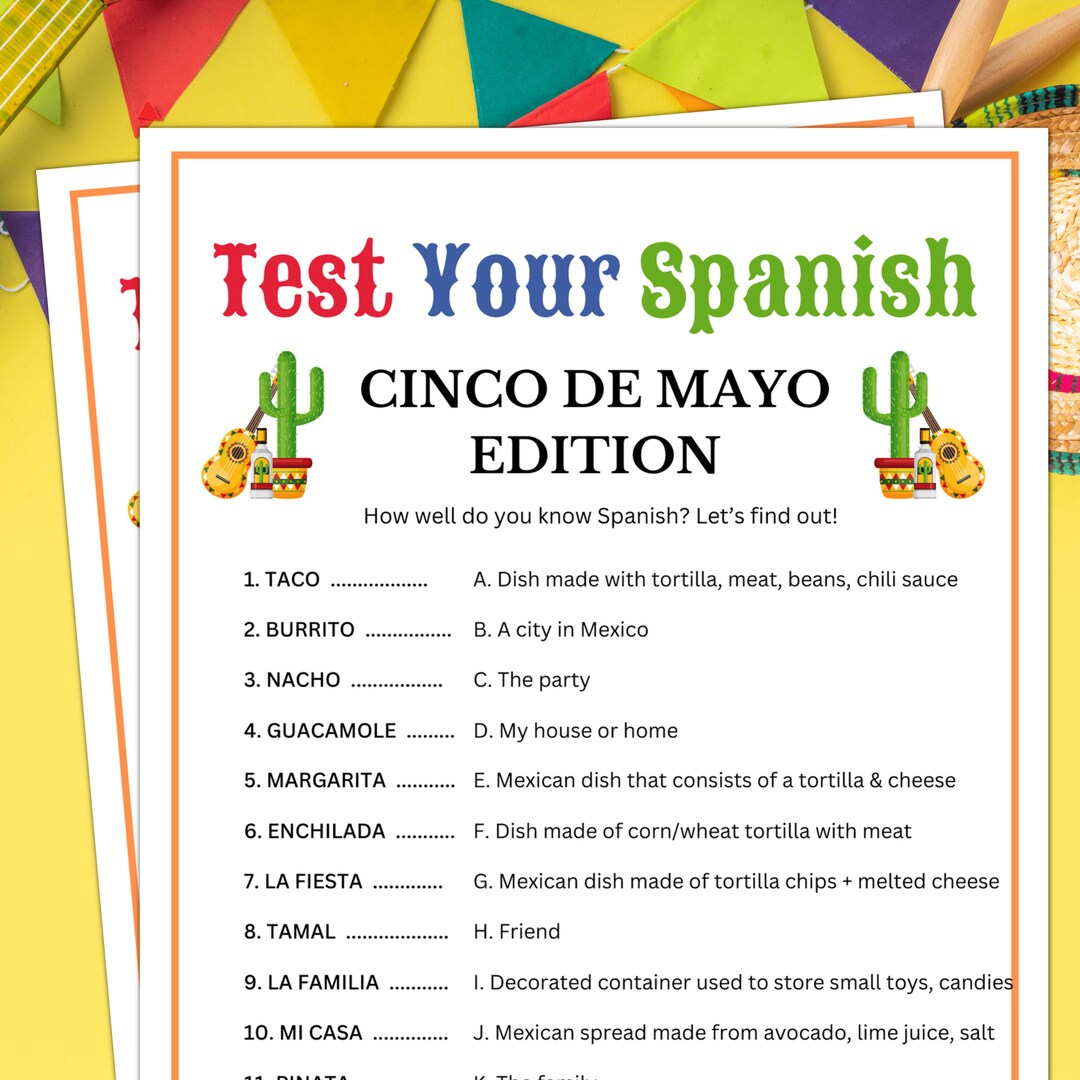 Test Your Spanish Trivia, Cinco De Mayo Games, Mexican Party Games, Dia ...