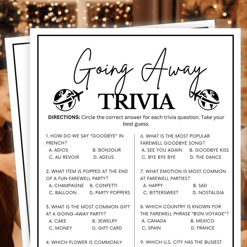 Going Away Party Trivia, Going Away Party Games, Farewell Celebration ...