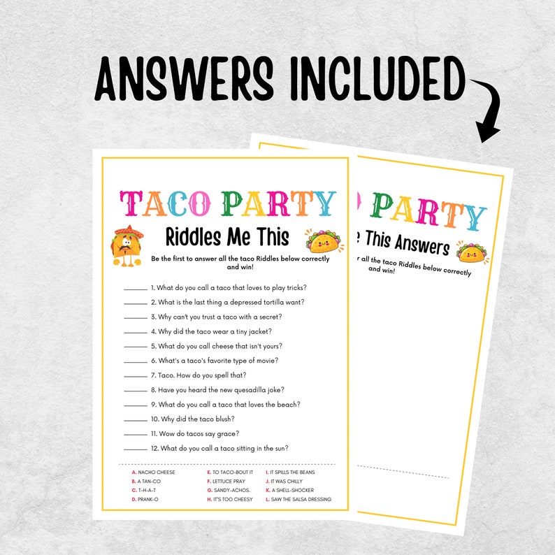 Taco Party Games, Riddles, Taco Games, Taco Tuesday Games, Taco Themed ...