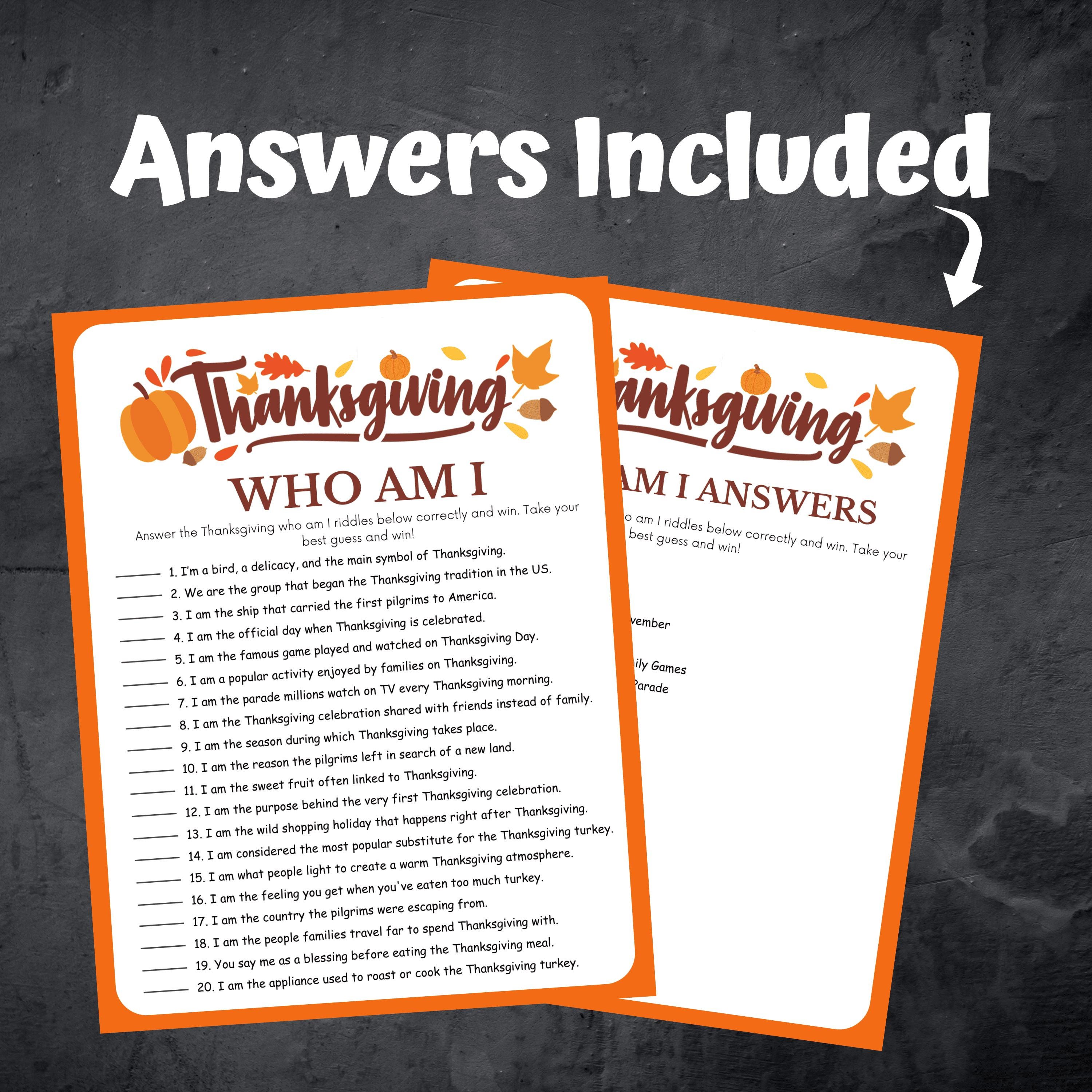 Thanksgiving Who Am I Riddles, Thanksgiving Games, Thanksgiving Party ...