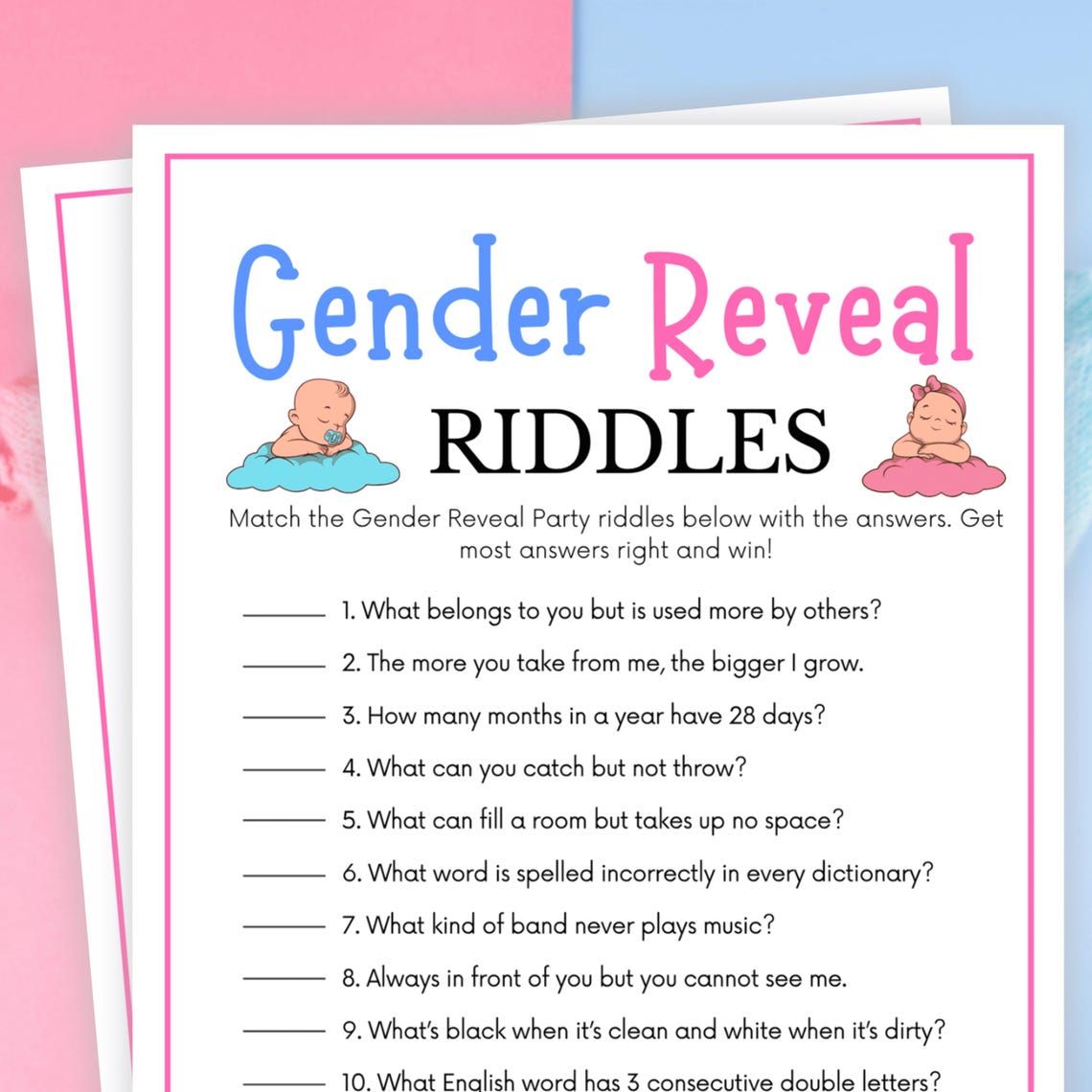 Gender Reveal Riddles, Gender Reveal Games, Blue or Pink Gender Reveal ...