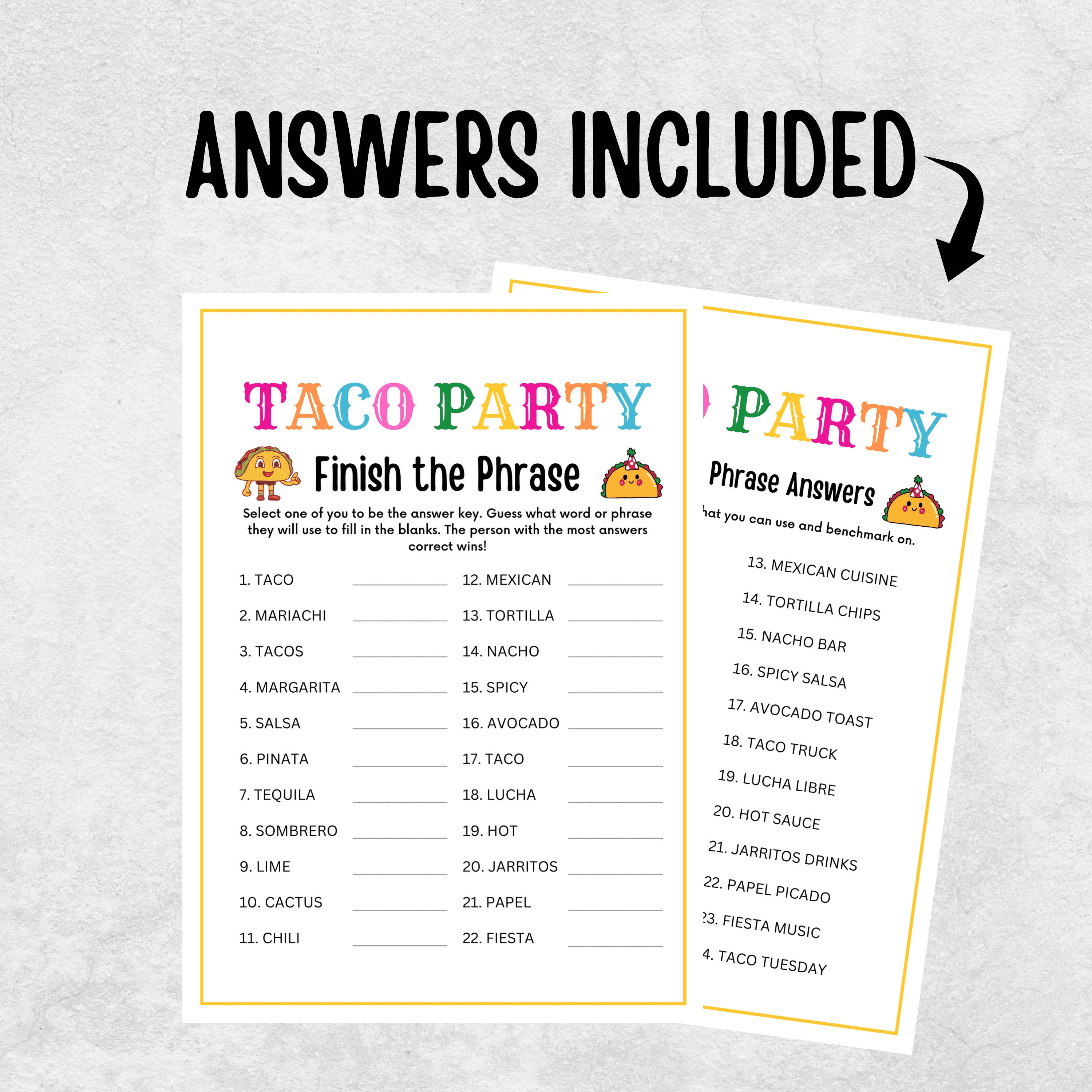Taco Party Games, Finish the Phrase, Taco Games, Taco Tuesday Games ...