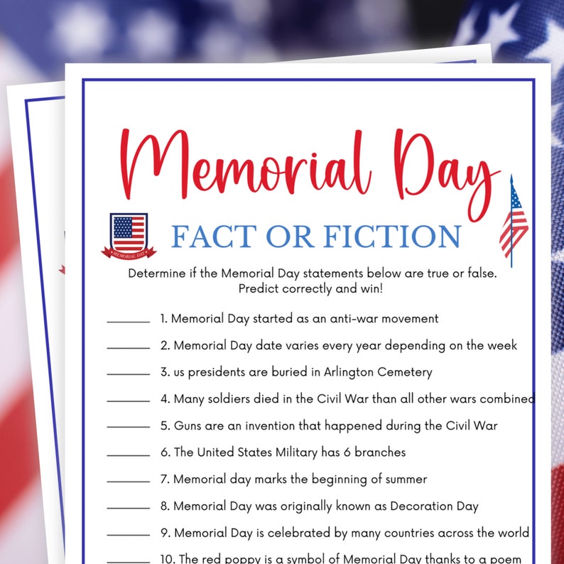 Memorial Day Games, Fact or Fiction Trivia, Memorial Day Party Game for ...