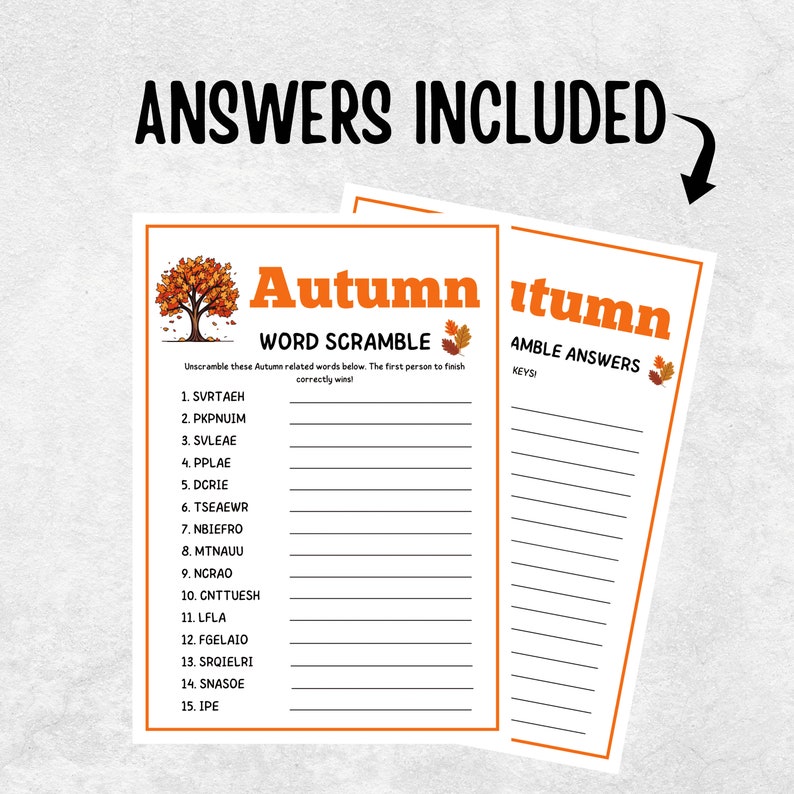 Autumn Games, Autumn Word Scramble, Autumn Party Games, Autumn Birthday ...